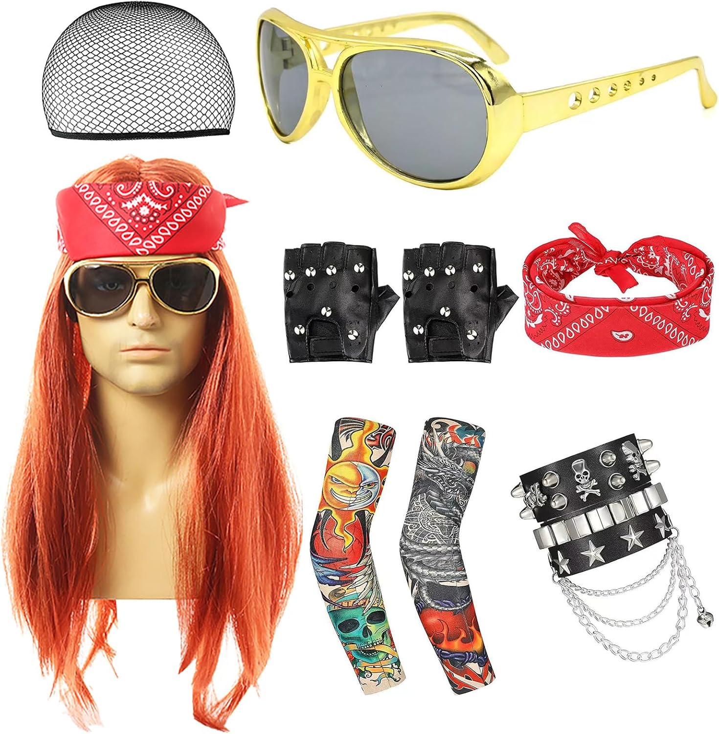 SJENG 80s Rocker Costume, 7 Piece Rocker Wig kit, 80s Costume Men ...