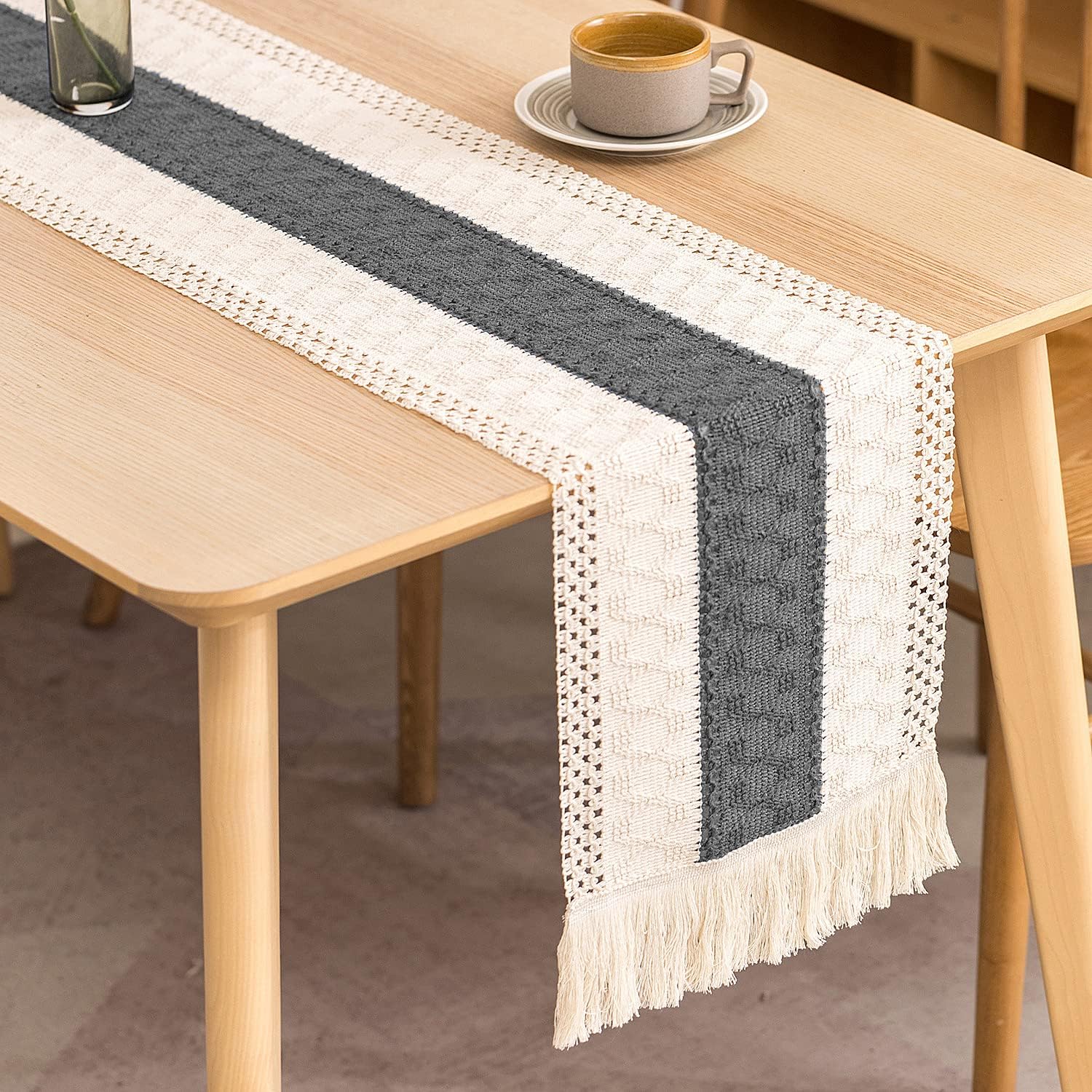 Chemin de Table de Lin en Coton, Kaki Boho Crochet Chemin, Gland Rayé ...