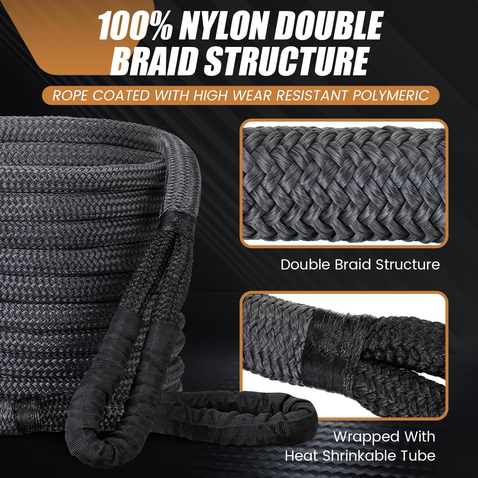 1" x 40ft Recovery Rope Gray Power Snatch Stretch Tow Strap Heavy Duty ...