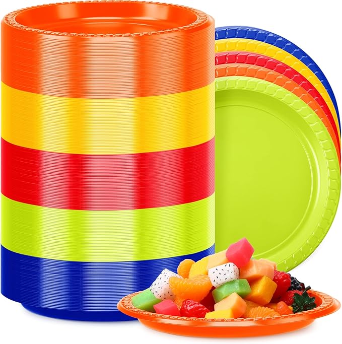Amazon.com: 200 Pieces Colorful Plastic Plate Disposable Round Plastic ...