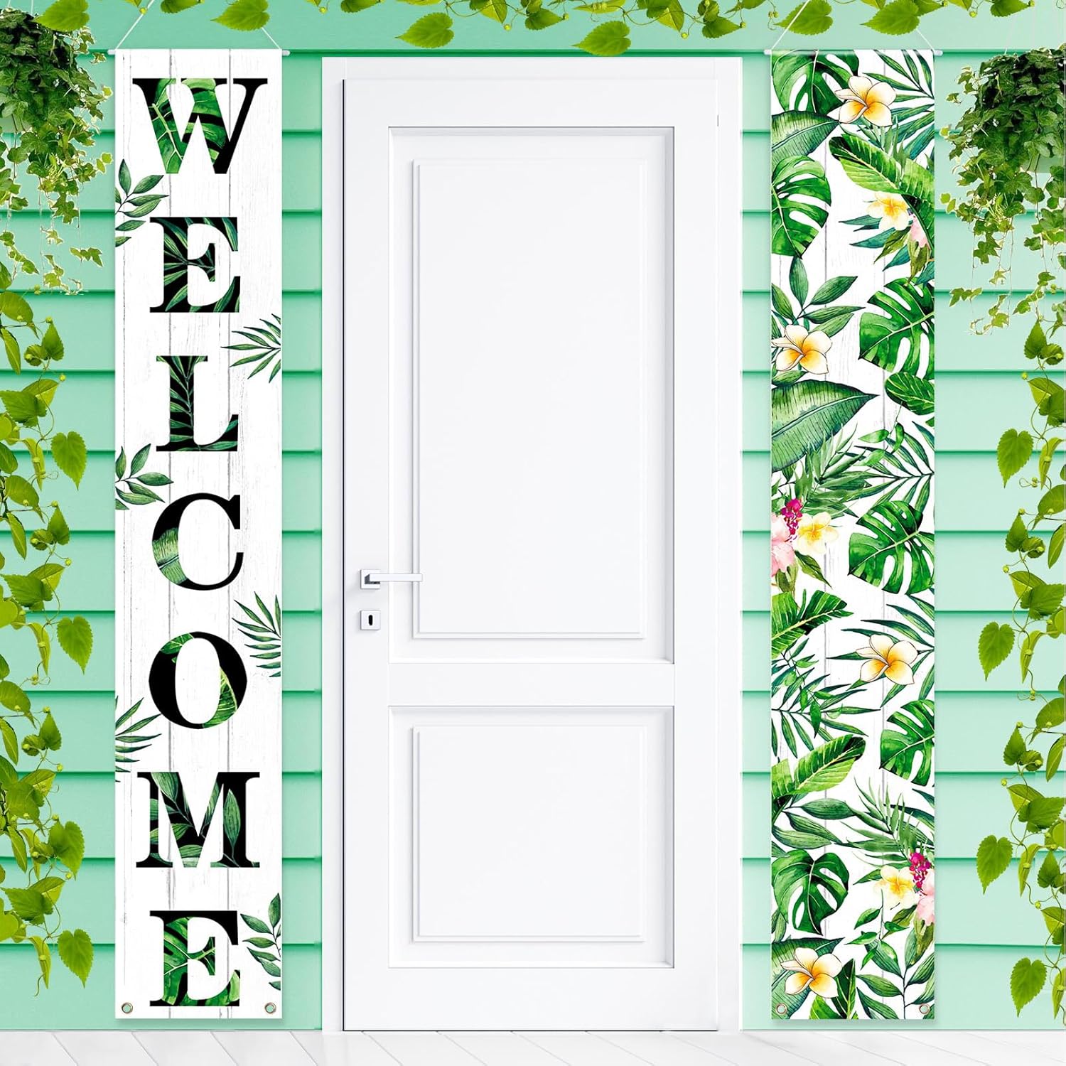 Amazon.com : Tropical Luau Welcome Banner - Green Leaf Pattern ...