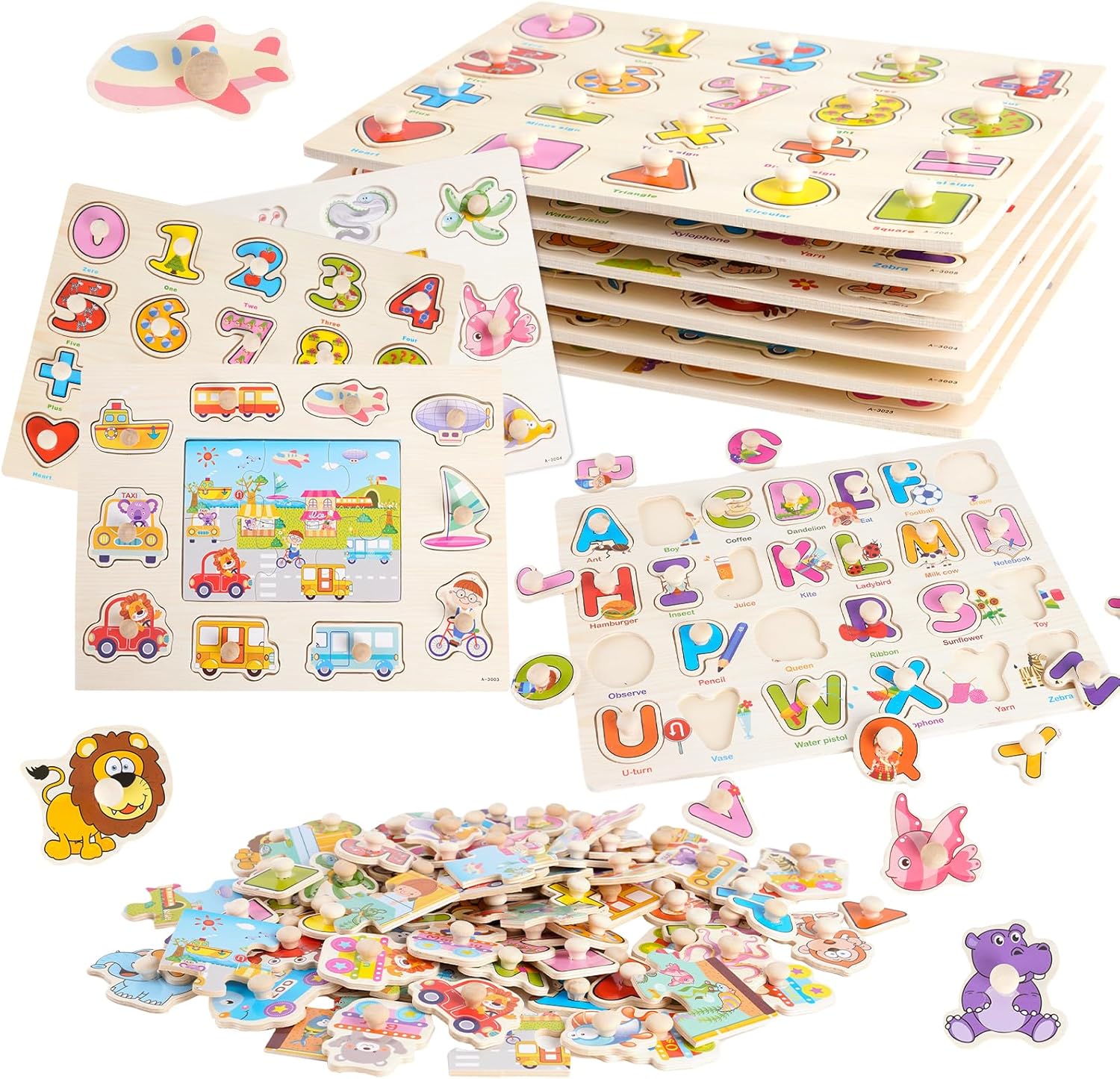 Amazon.com: 6Pack Wooden Peg Puzzle Toys, Learning Preschool Jigsaw ...