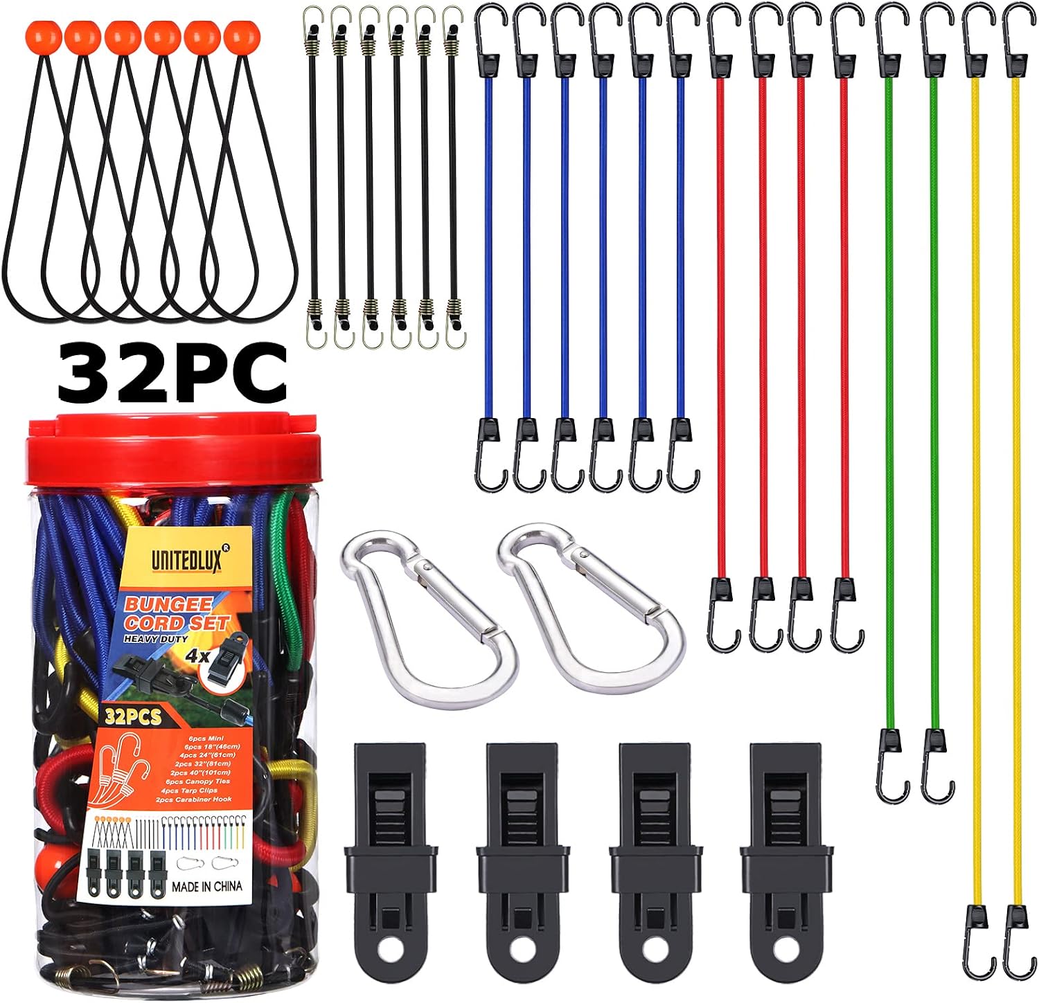 Sunplux Premium Bungee Cords Assorted Sizes Heavy Duty 32 Pieces ...