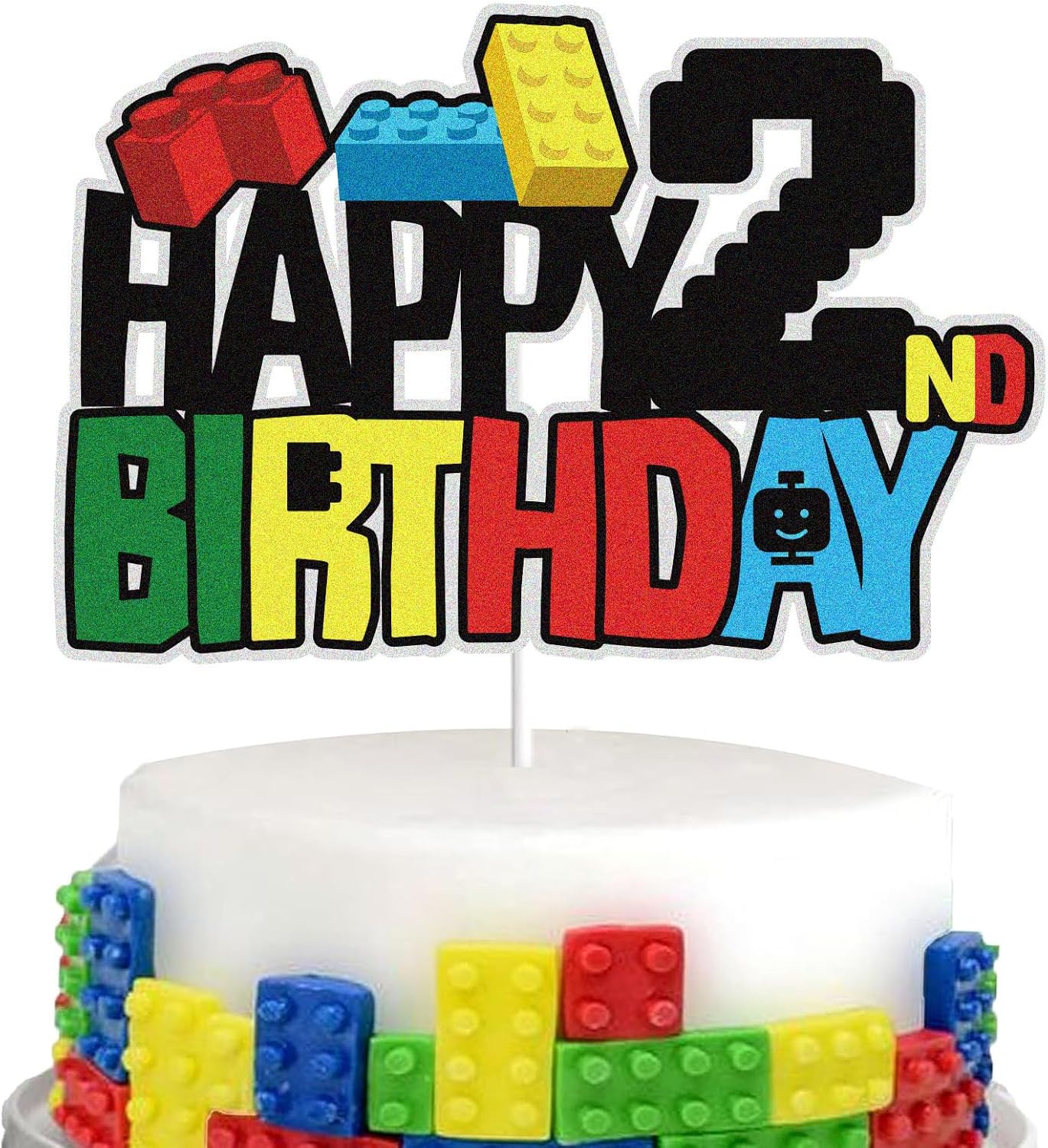 Amazon.com: Building Blocks Happy 2nd Birthday Cake Topper Colorful ...