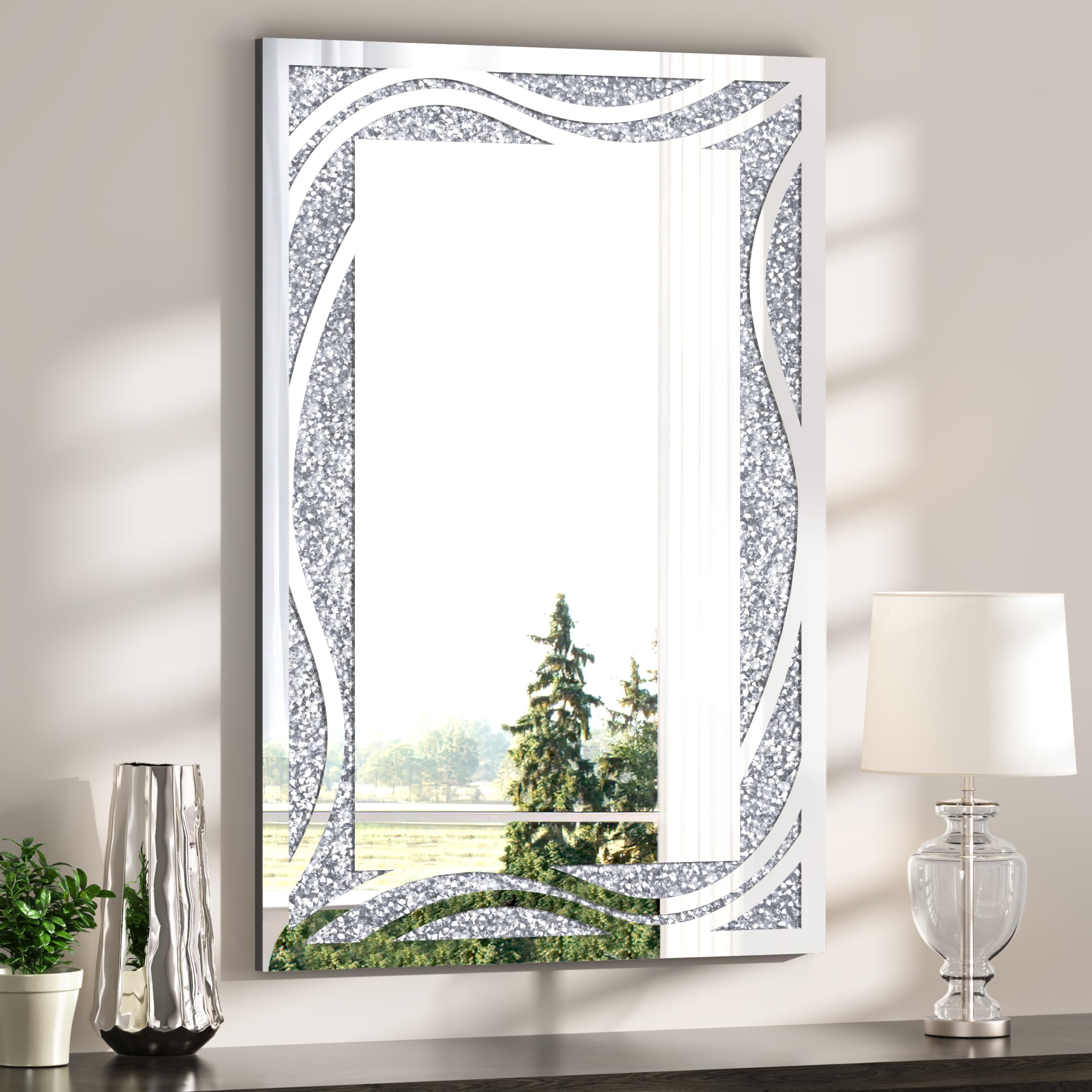 MUAUSU Crystal Wall Mirror 36"×24" Crushed Diamond Mirror for Wall ...