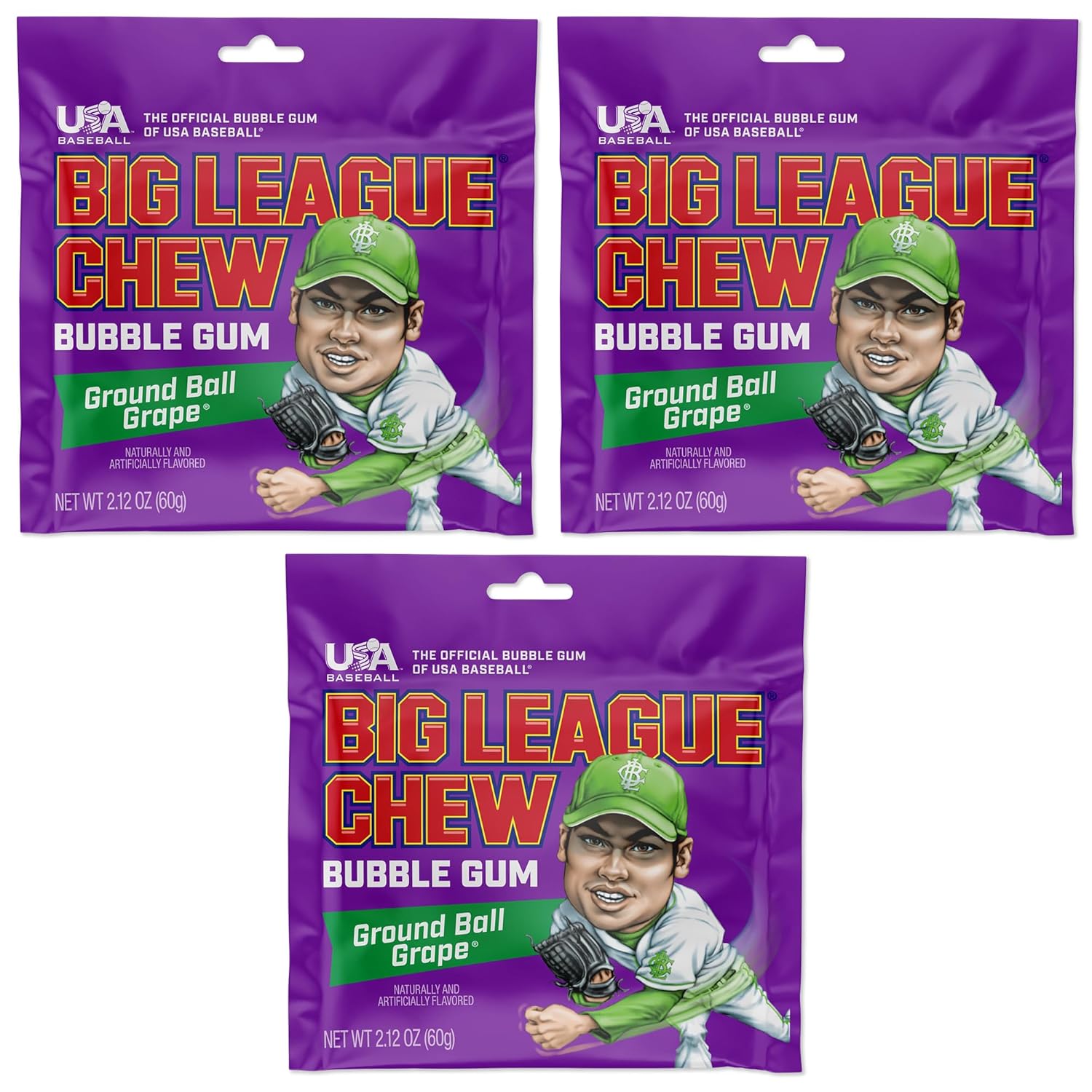 Amazon.com : Big League Chew Grape Bubble Gum 3-Pack - 2.12oz Packets - Ground Ball Grape ...