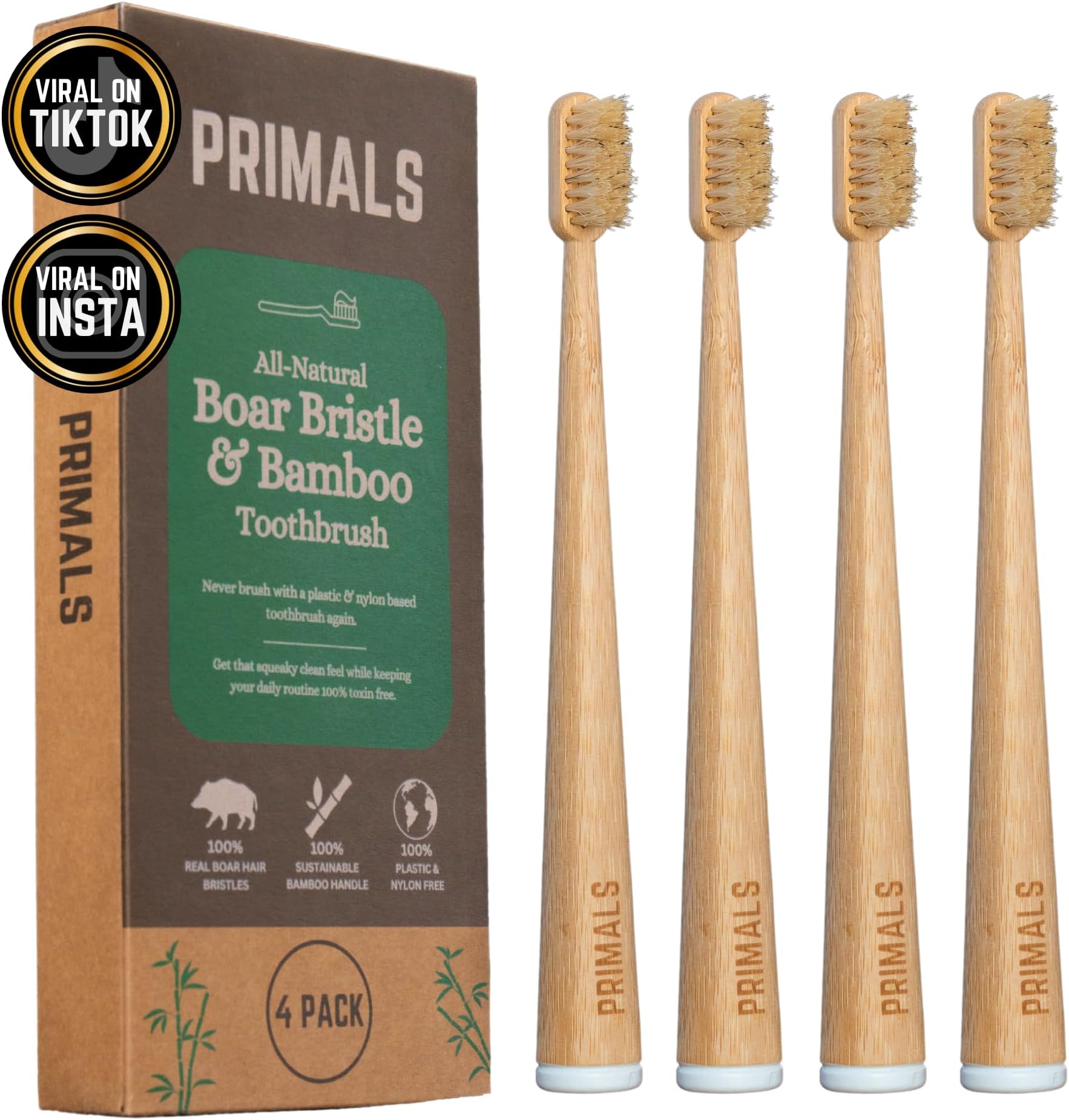 Amazon.com : PRIMALS Boar Bristle & Bamboo Toothbrush (4-Pack ...