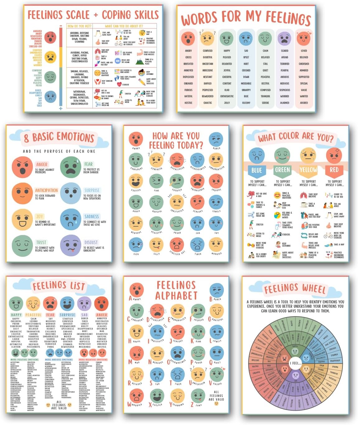 Kids Feelings & Emotions Posters – Set of 8 Emotional Learning Charts ...