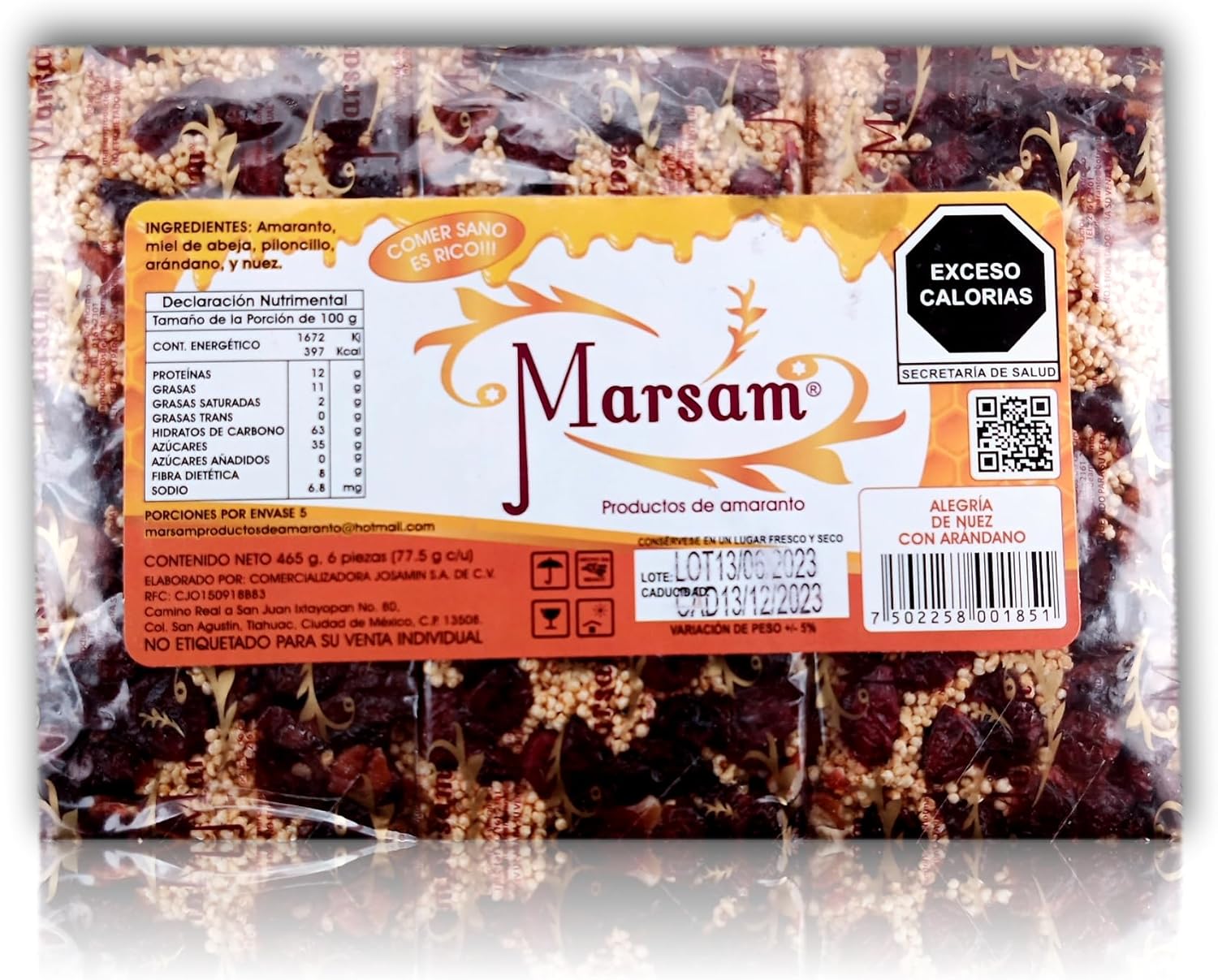 Marsam Barras de Amaranto con Arándano y Nuez, 6 Piezas de 77.5 gramos cada una aprox : Amazon ...