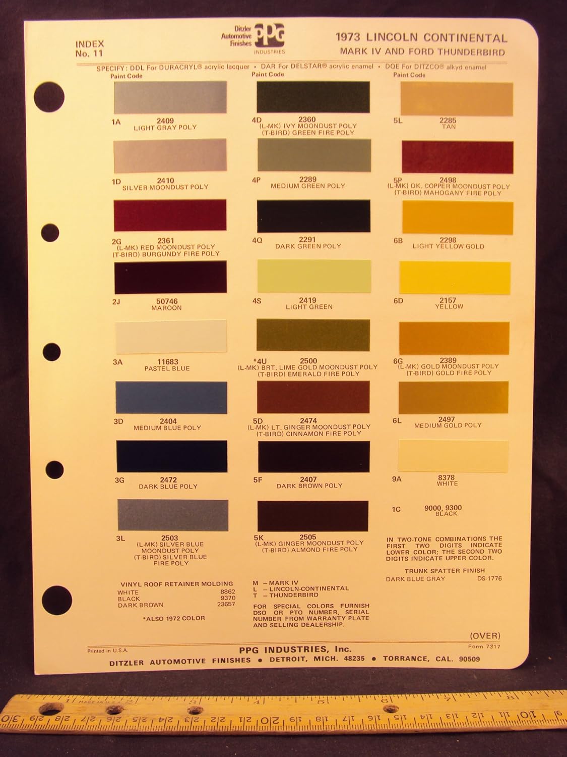 1973 LINCOLN Continental, Mark IV & FORD Thunderbird Paint Colors Chip ...