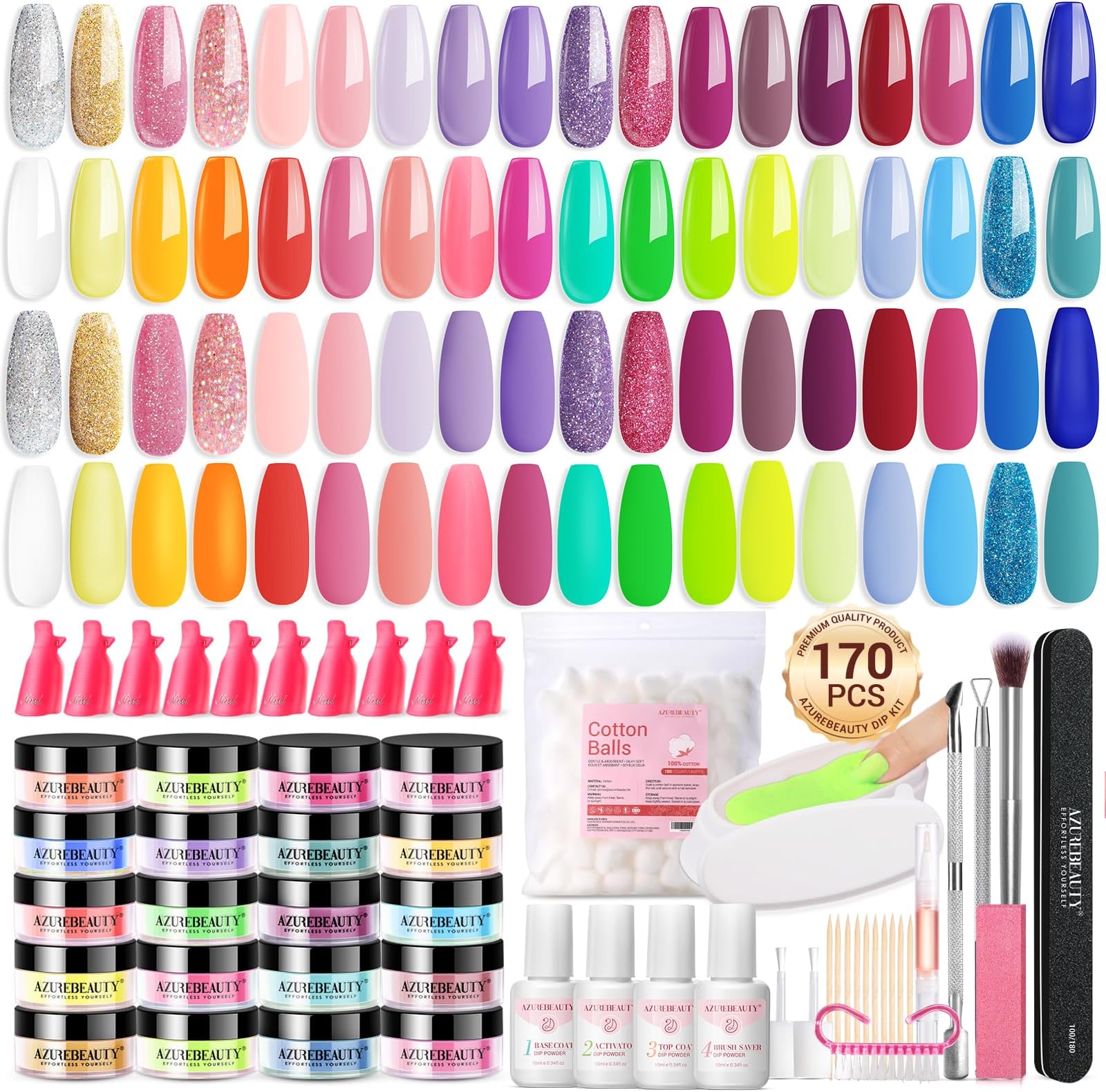 Amazon.com: AZUREBEAUTY 170 Pcs Dip Nails Powder Starter Kit, 36 Color ...