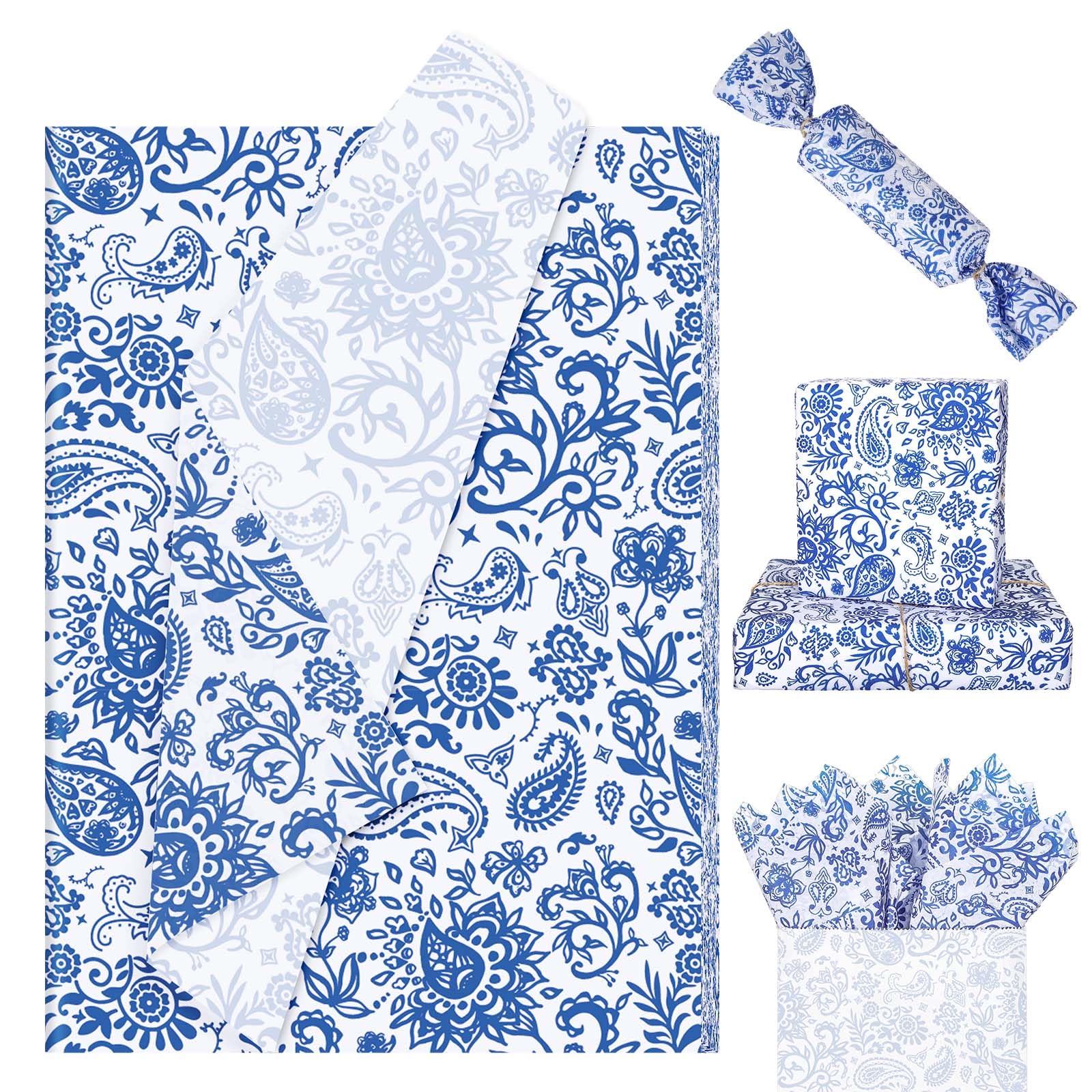 Amazon.com: JarThenaAMCS 100 Sheets Blue Floral Paisley Tissue Paper ...