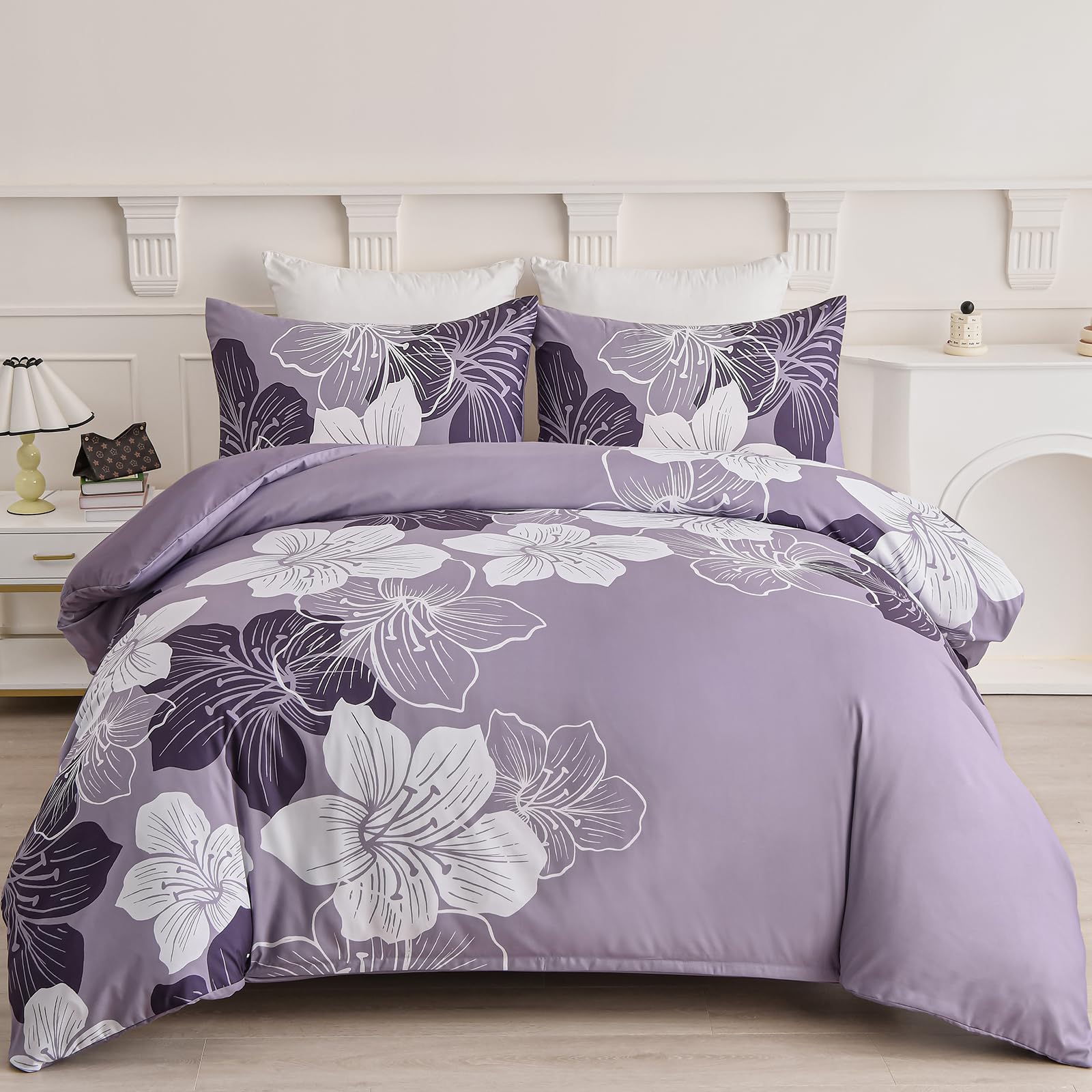 Amazon.com: DJY 3PCS Purple Floral Pattern Bedding Set Duvet Cover ...