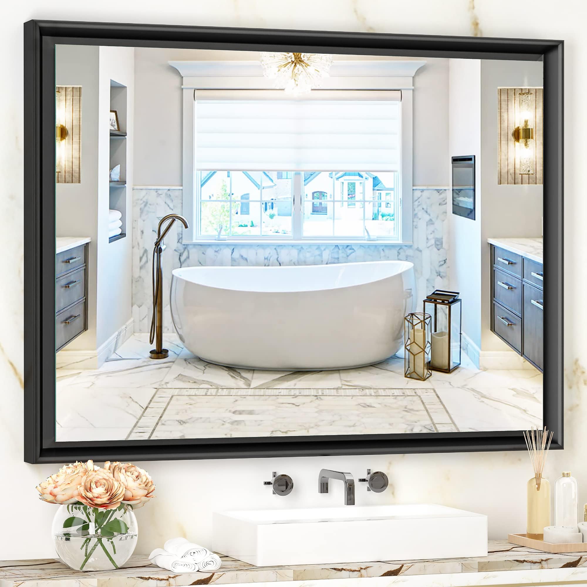 Amazon.com: HANS Large Rectangular Bathroom Mirror, Wall-Mounted Wooden ...