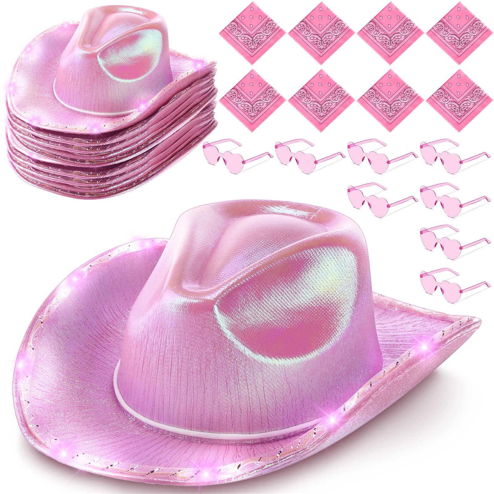 JaGely 24 Pieces Pink Cowgirl Hat Light Up LED Cowboy Hat Space Cowgirl ...