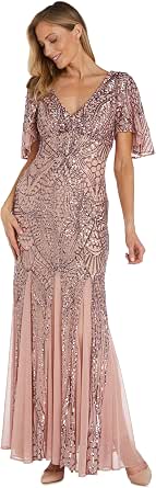 Amazon.com: R&M Richards Long Sequin Gown with Flutter Sleeves and ...