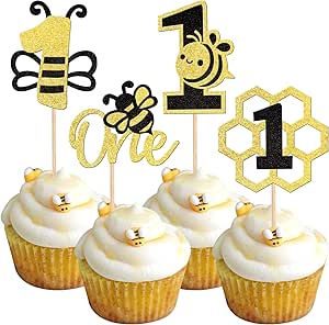 Amazon.com: 24 PCS Bee One Cupcake Toppers Black and Gold Glitter ...