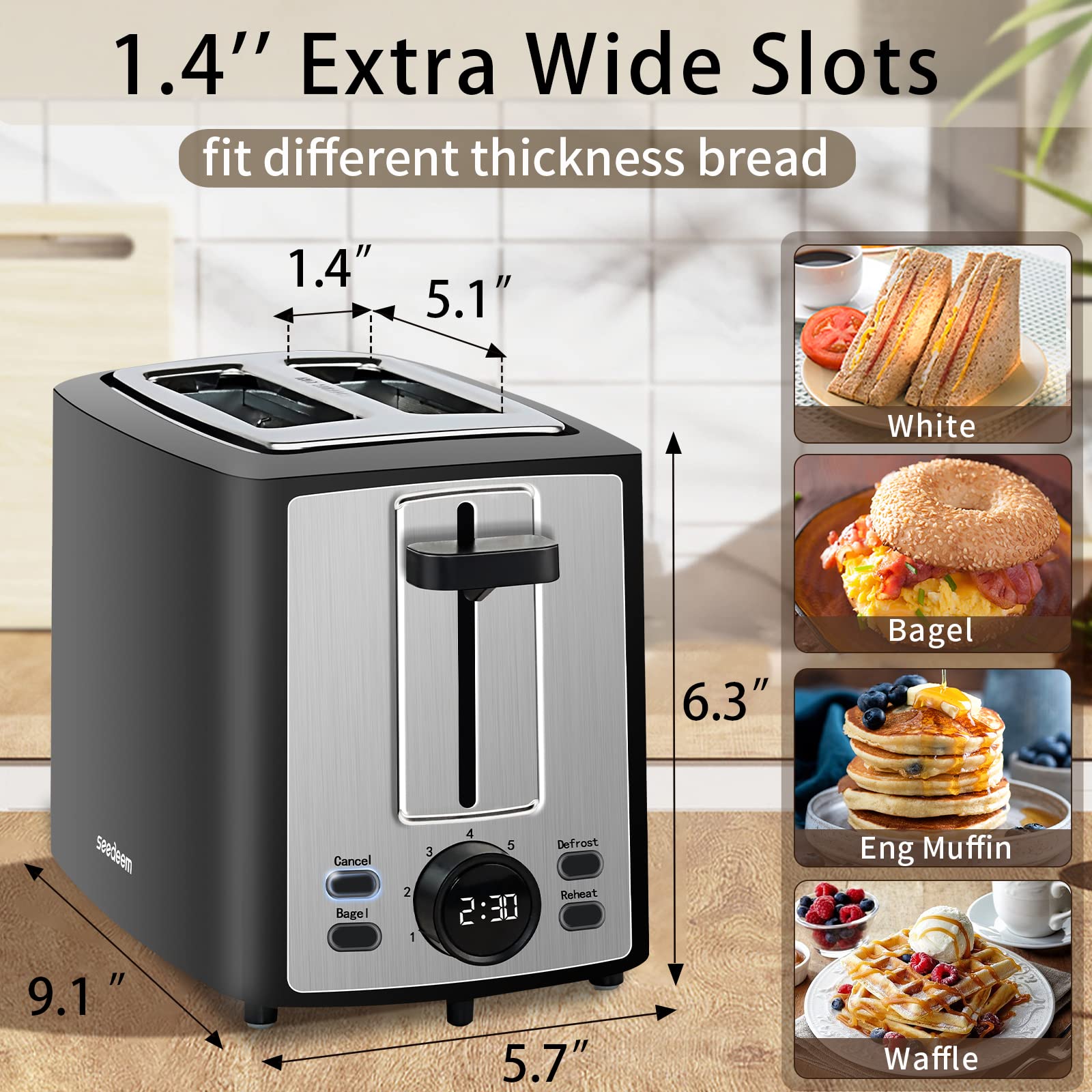 SEEDEEM Toaster 2 Slice, Bread Toaster with LCD Display, 7 Shade ...