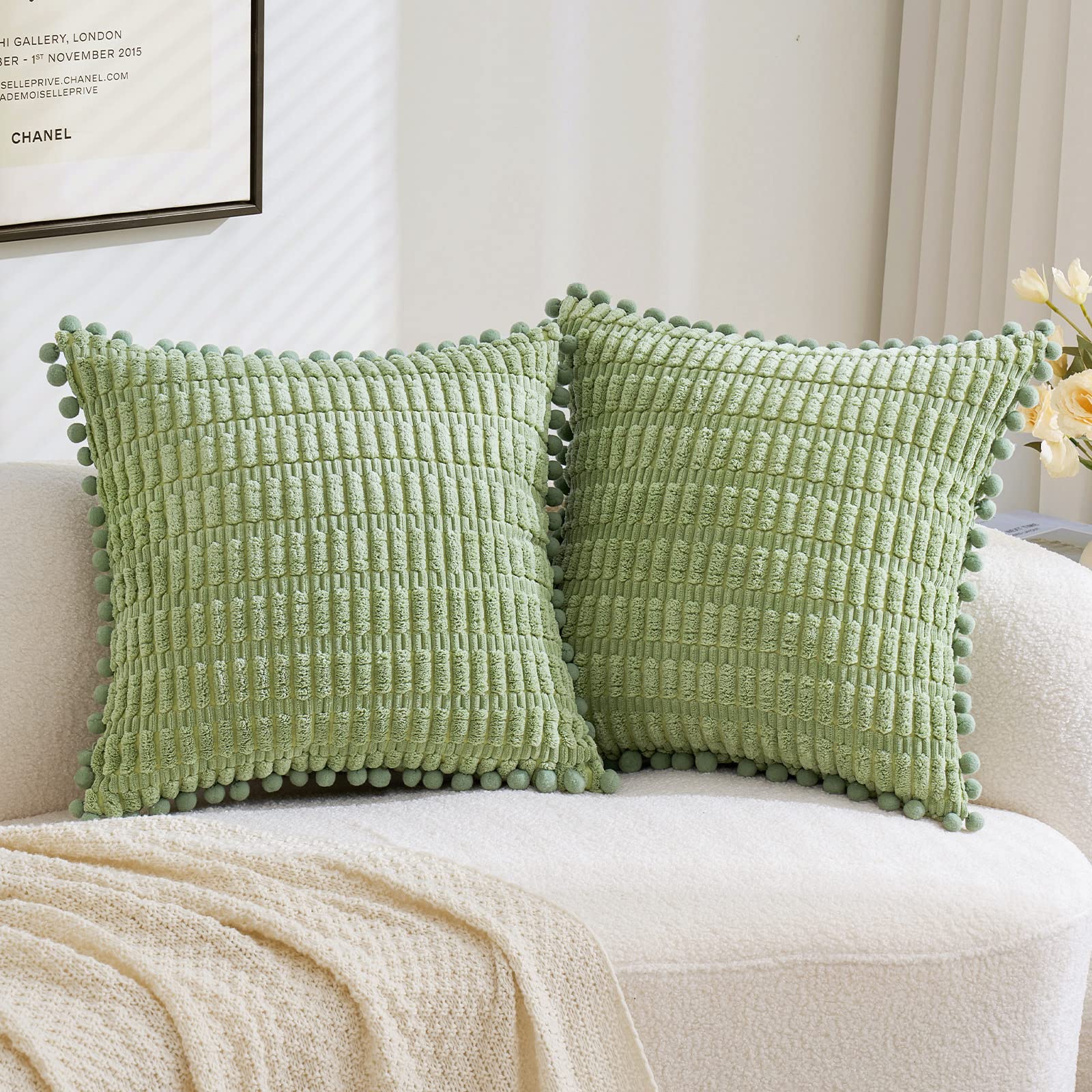 EMEMA Sage Green Decorative Throw Pillow Covers Corduroy 18x18 Inch Set ...