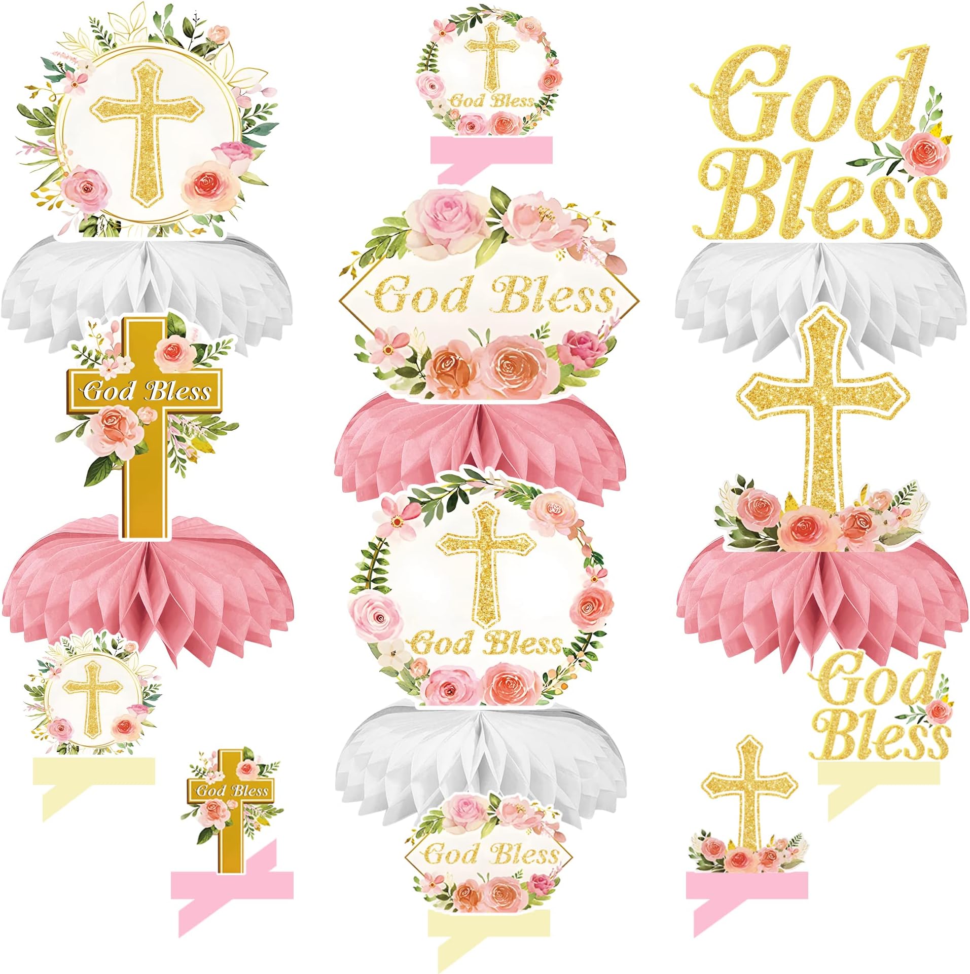 Amazon.com: 12Pcs Pink Floral God Bless Decorations First Communion ...