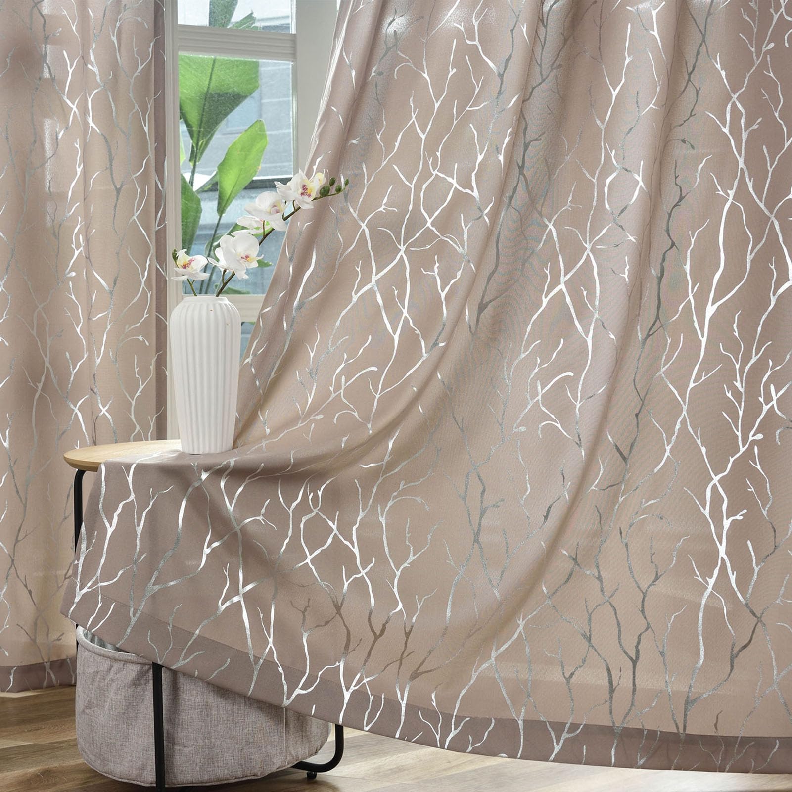 Amazon.com: Kotile Silver Taupe Curtains 84 Inches Long for Living Room, Metallic Silver Foil ...