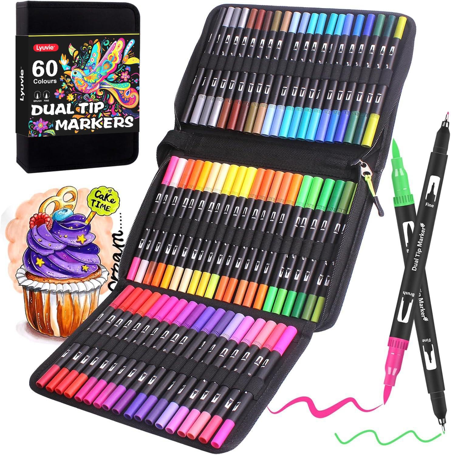Lyuvie Colouring Pens, 60 Dual Tip Brush Markers with for Adults Kids ...