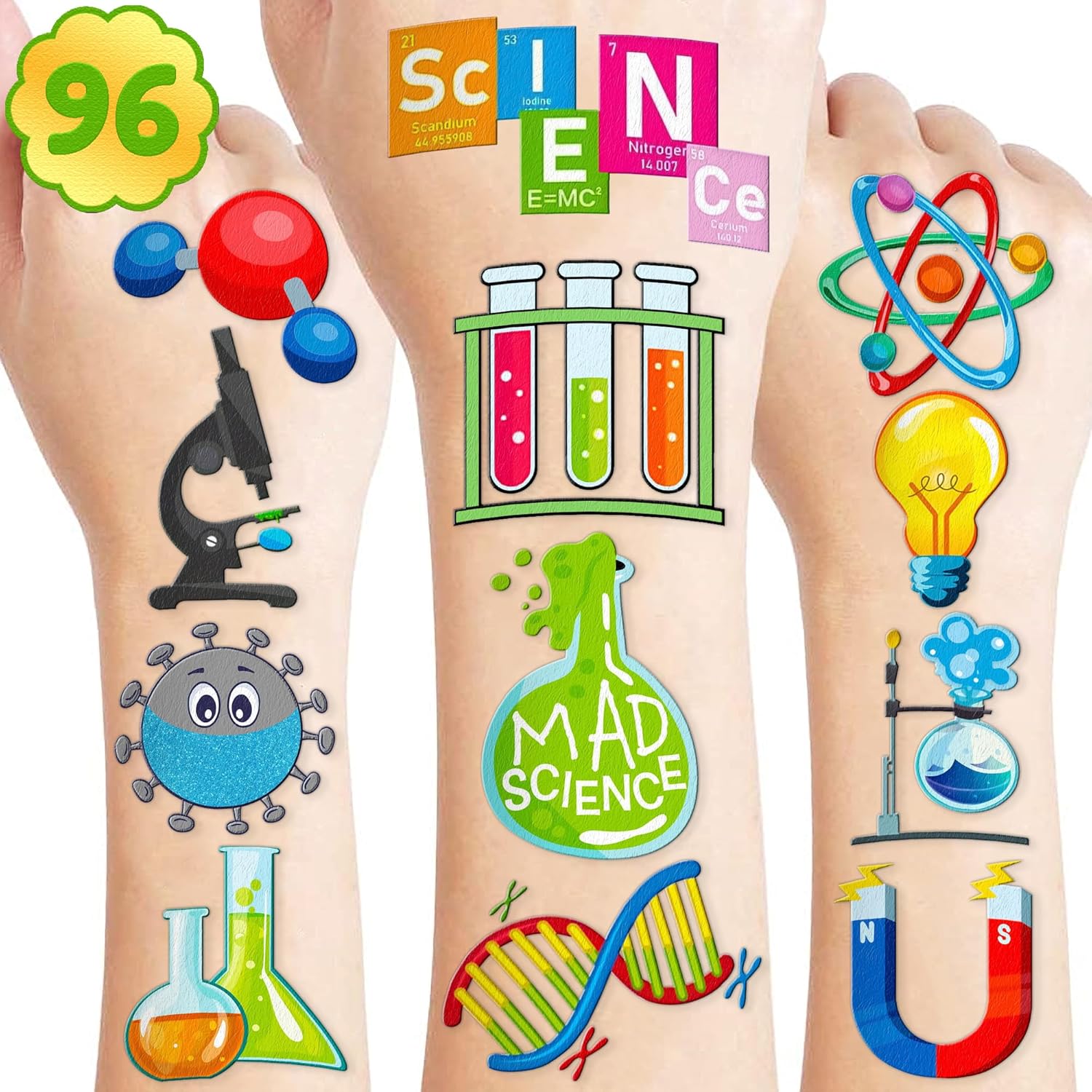 Amazon.com : 96PCS Funny Science Temporary Tattoos Theme Mad Scientist ...