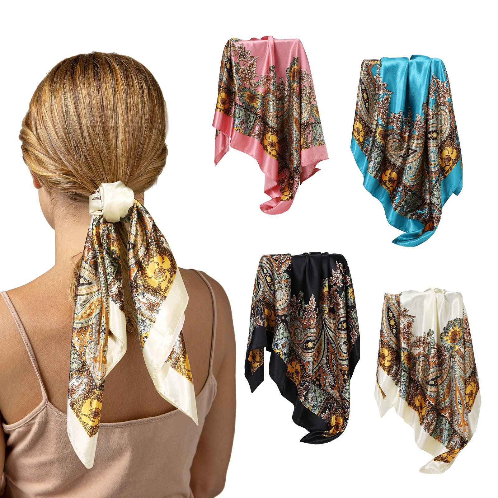 LUBOXIN 4 Pack 35" Large Square Head Scarf Smooth Satin Head Scarf Silk ...
