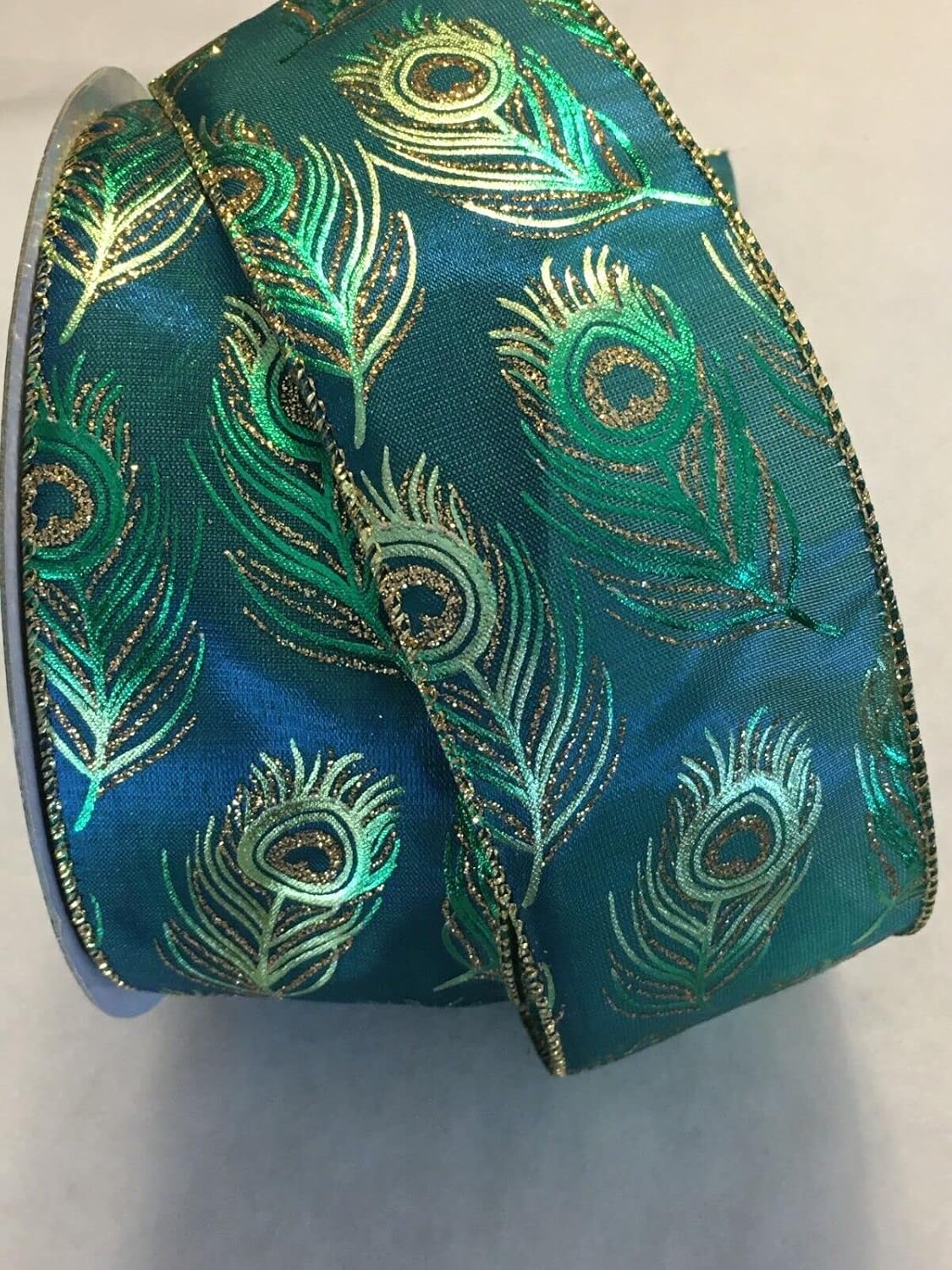Amazon.com: 5 yds. Teal Peacock Feathers Glitter Wire Edge Ribbon 2 1/2 ...