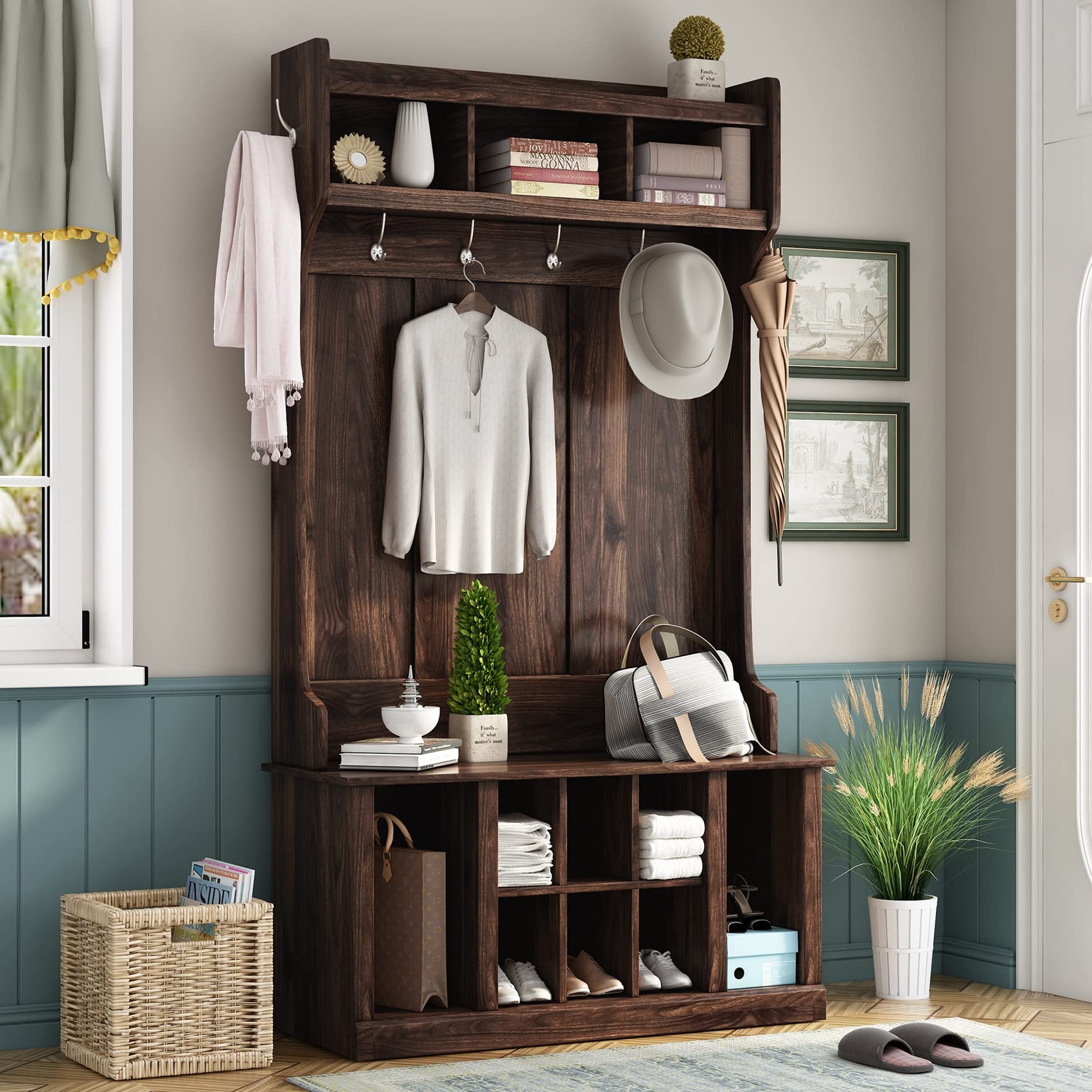 Amazon.com: Hall Tree with Bench and Shoe Storage, 3 in 1 Entryway ...