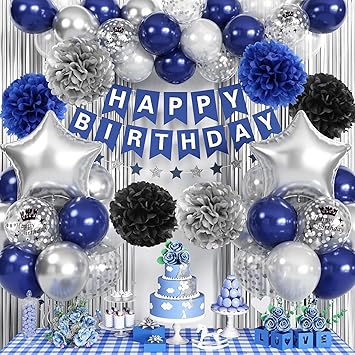 Amazon.com: Jobkoo Blue and Silver Birthday Decorations for Men Boys, Navy Royal Blue Silver ...