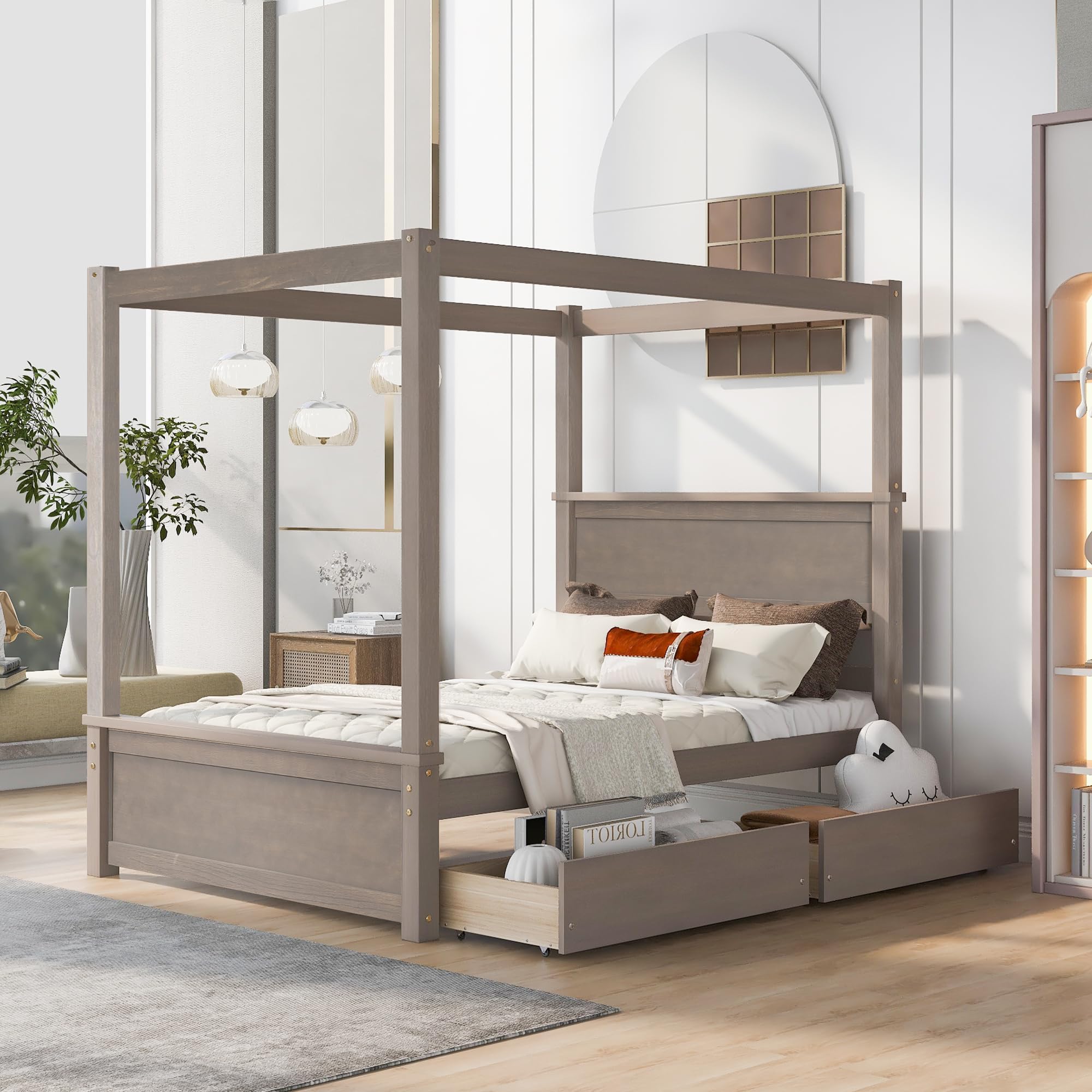 Amazon.com: Full Size Canopy Bed with 4 Storage Drawers, 4-Post Wood ...