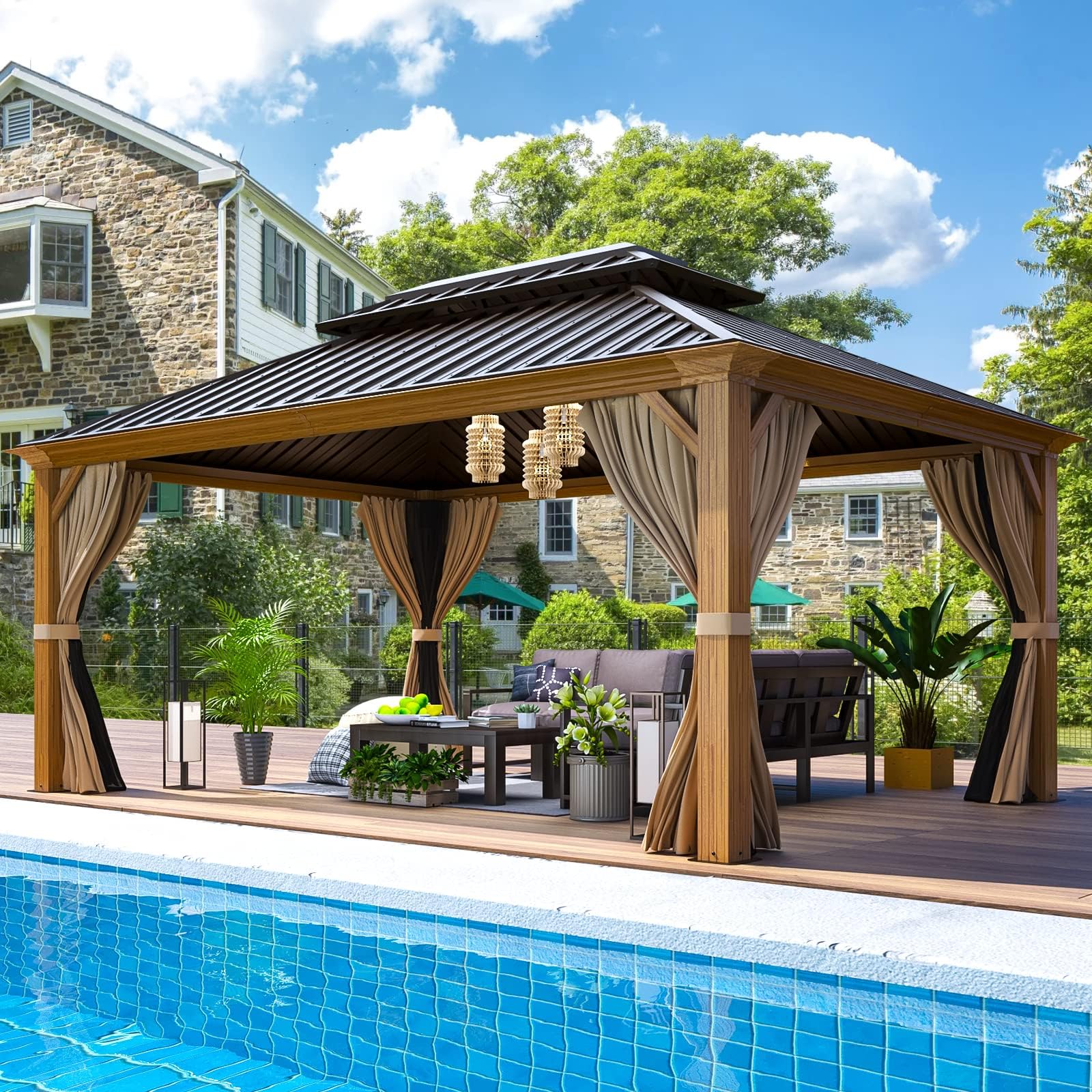 Amazon.com : EROMMY 12' x 16' Gazebo, Wooden Finish Coated Aluminum ...