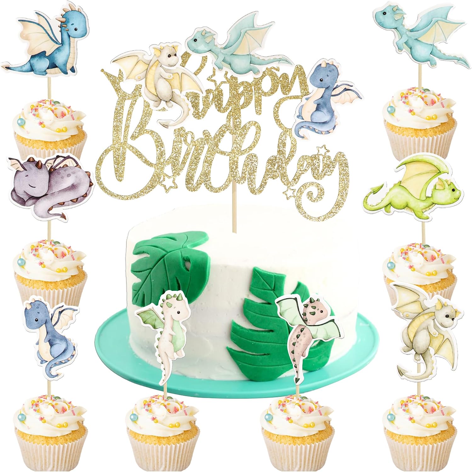 Amazon.com: Ephlyn 37Pcs Dragon Party Cupcake Toppers Dragon Birthday ...