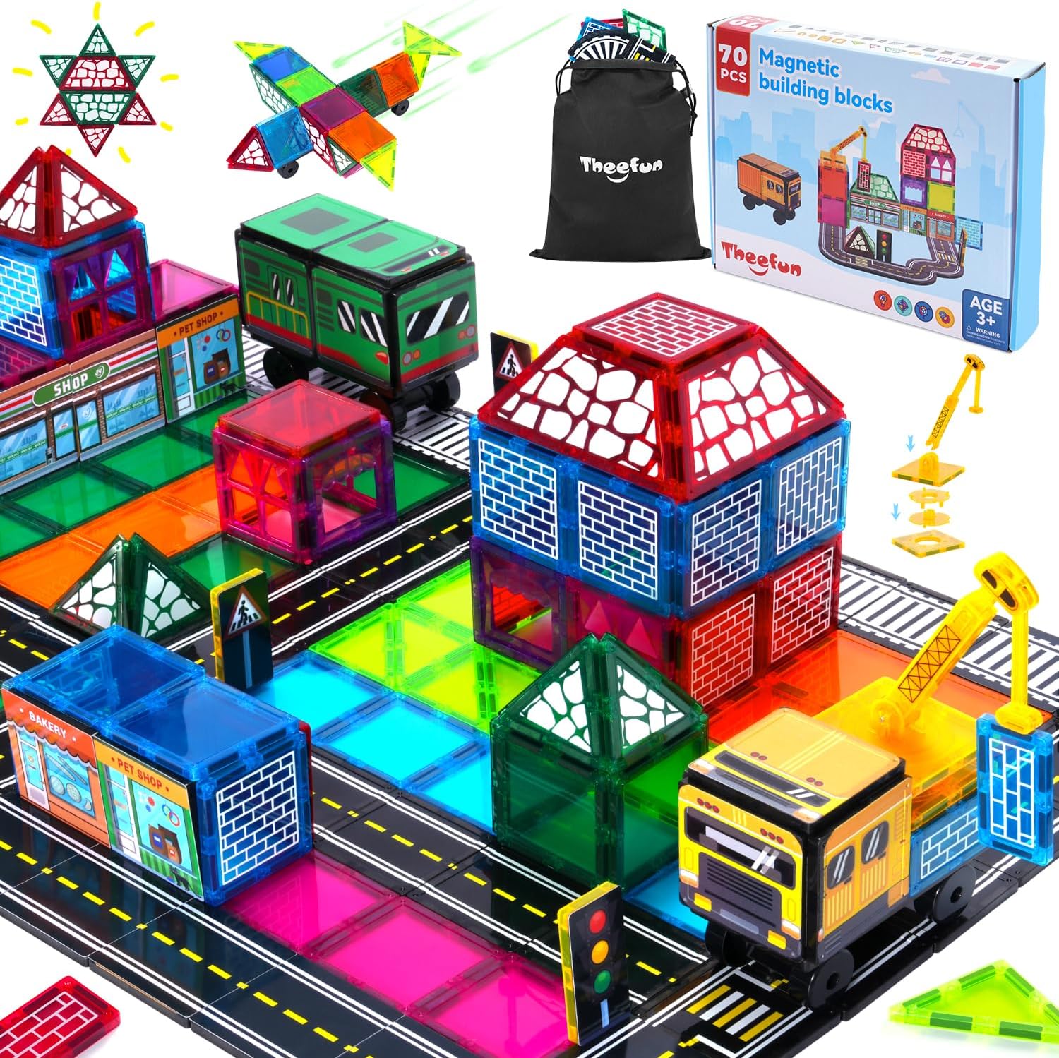 70PCS Magnetic Tiles Road Toppers Set, 3D STEM Magnetic Building Toys ...