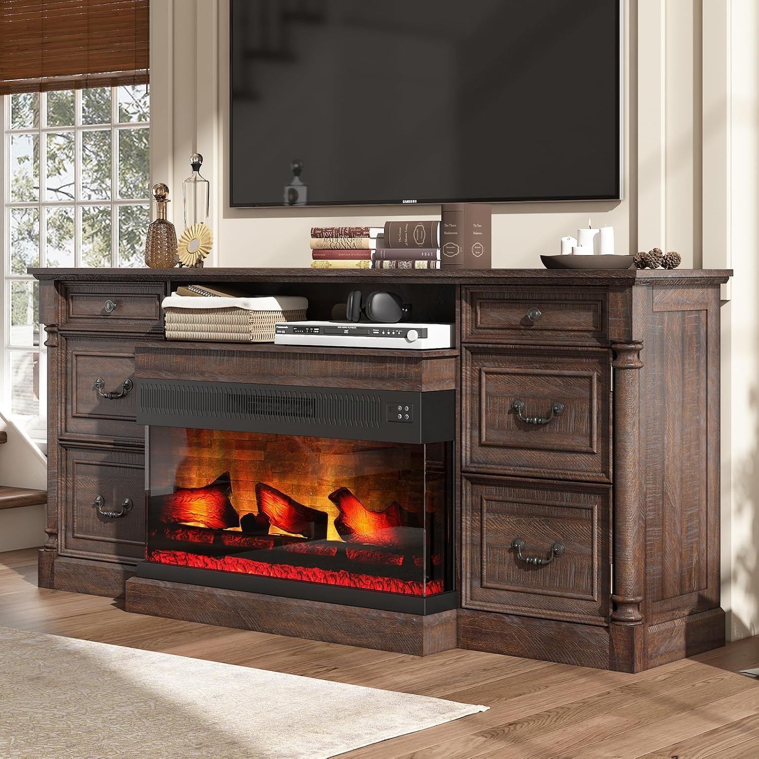 Jocisland 75" Farmhouse Fireplace TV Stand with 36" 3-Sided Glass ...