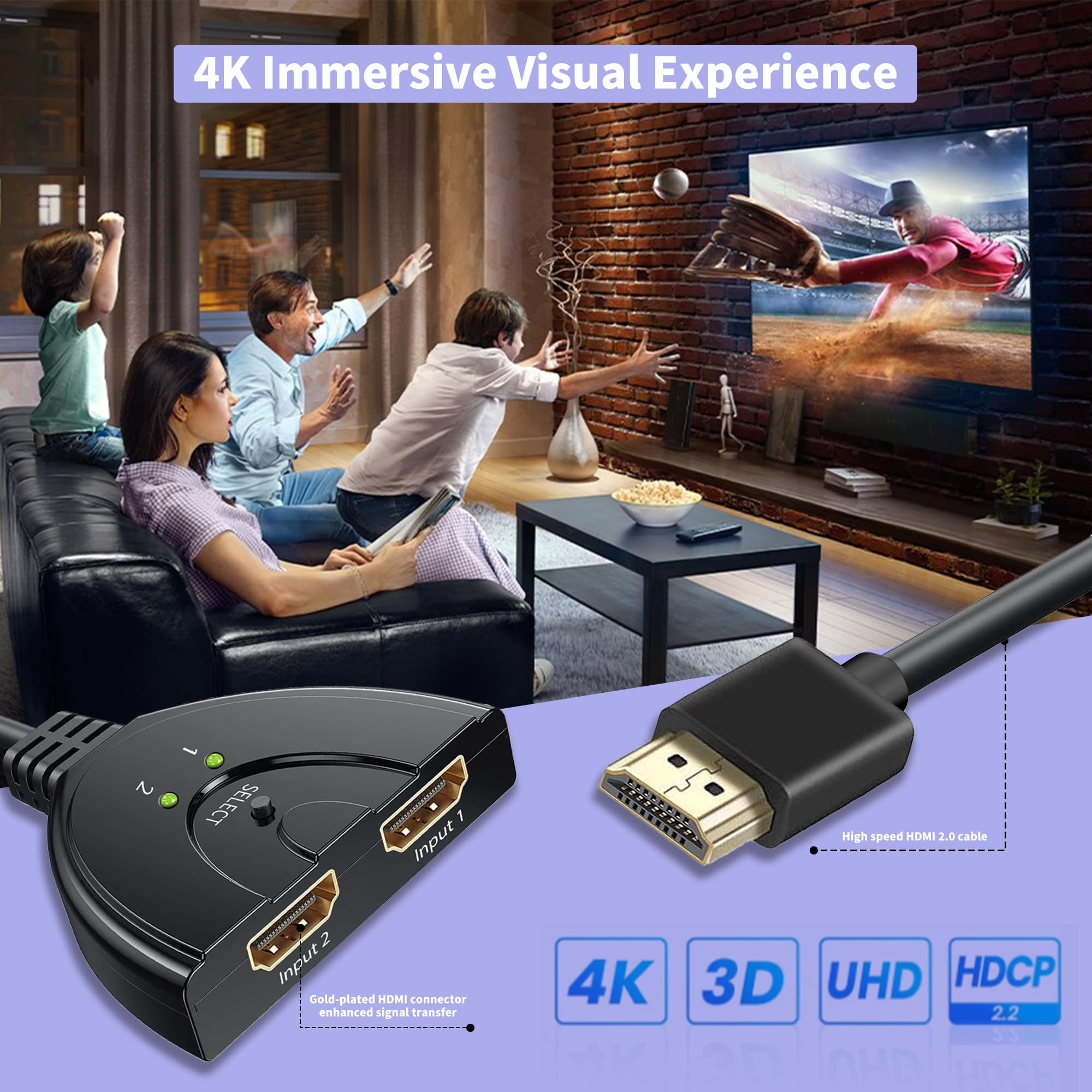 Roku Stick HDMI Switch, GANA 4K HDMI Splitter 3 In 1 Out, 3-Port HDMI ...
