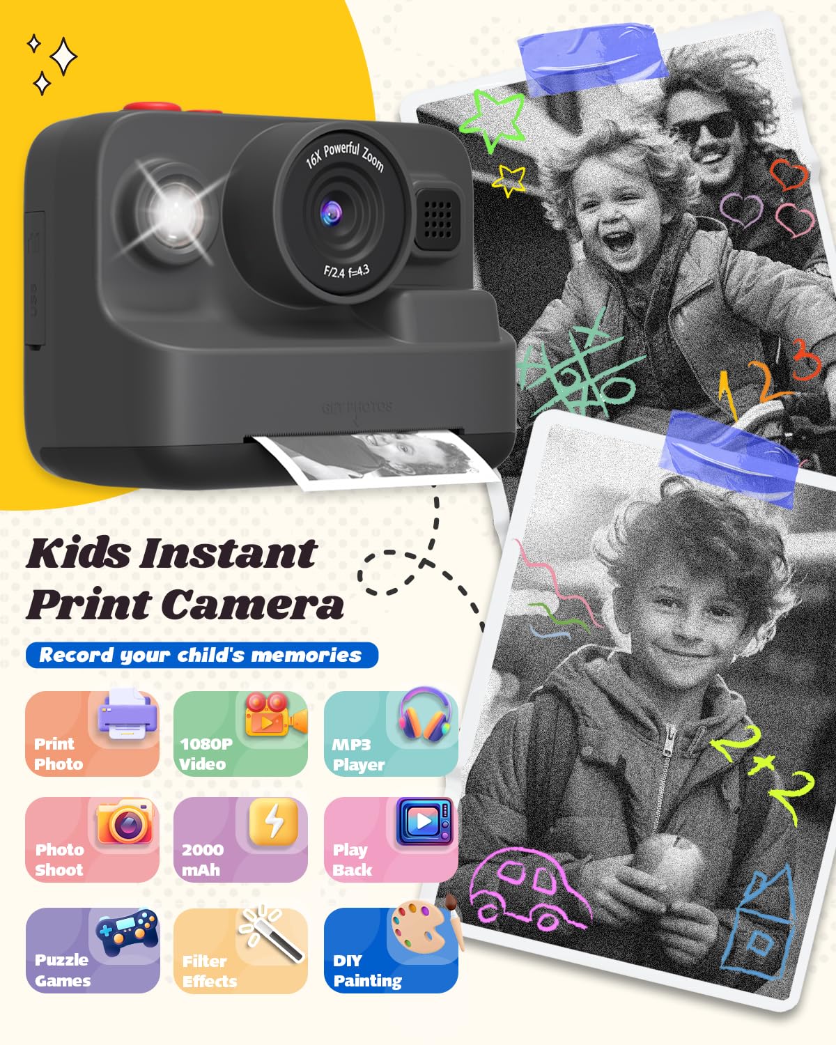 Snapklik.com : Instant Print Camera For Kids, 2.4 Inch Screen, 12MP ...