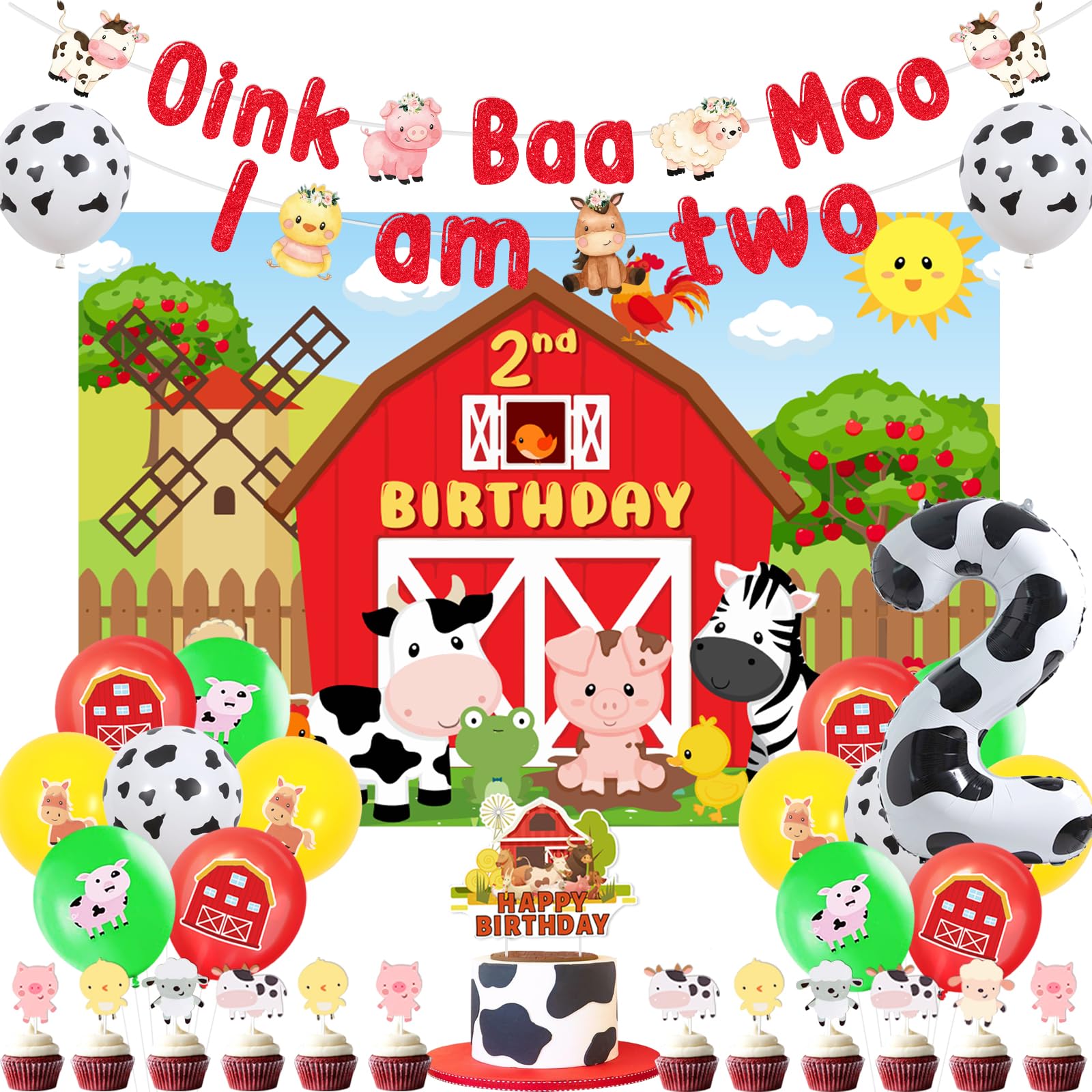 Amazon.com: Jollyboom Farm Animal 2nd Birthday Party Decorations, Oink ...