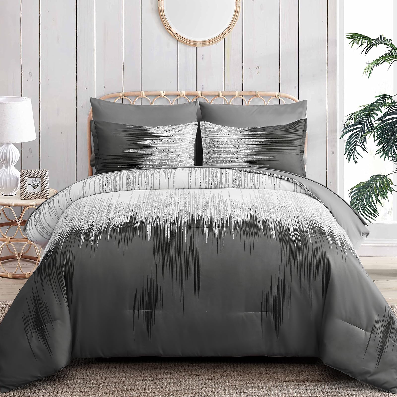 Grey Comforter Set Queen, 7 Pieces Bed in a Bag Abstract Art Ombre ...