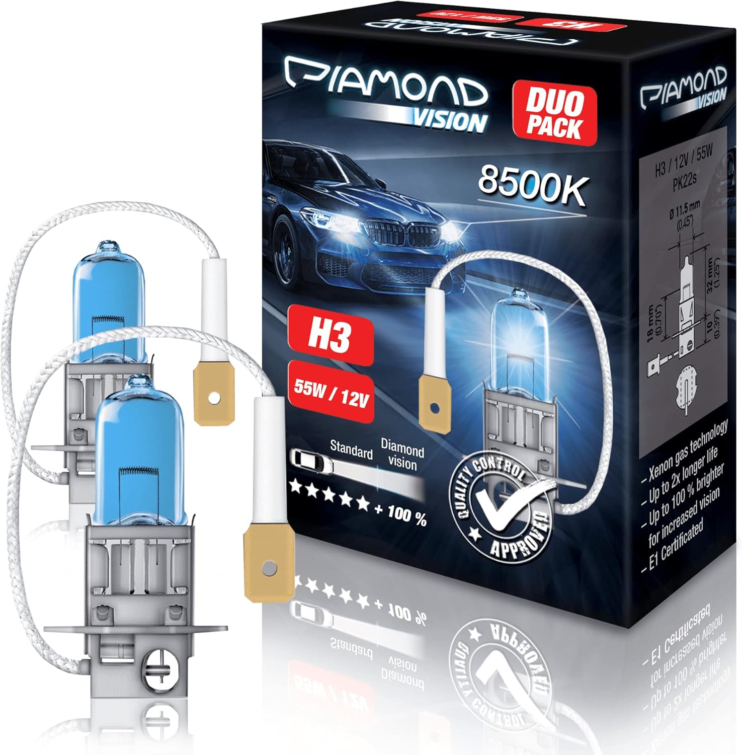 Diamond Vision 2x H3 12V 55W | Xenon Look | Halogen KFZ Autolampen | 8500k Super Ultra White ...