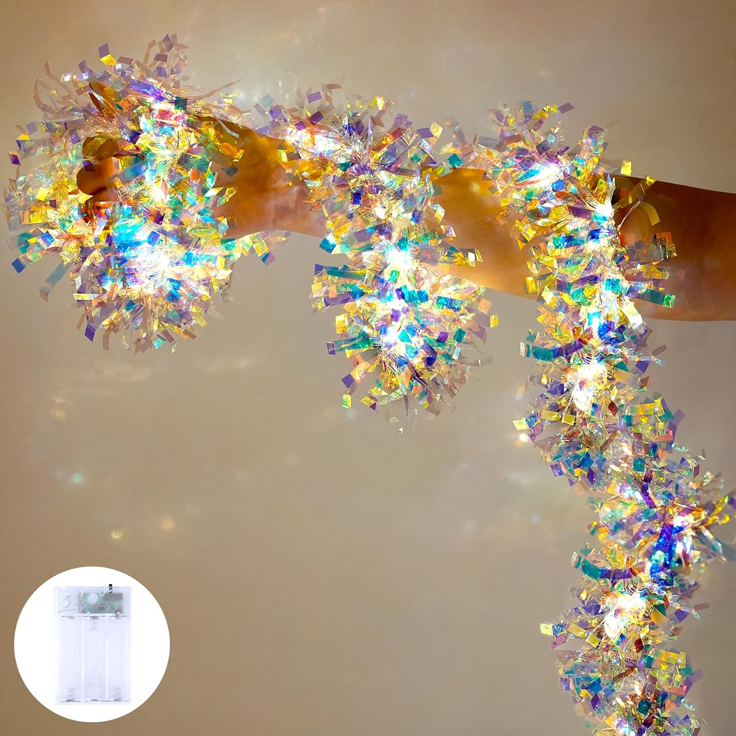 Christmas Garland with Lights, 6.5FT Iridescent Tinsel Garlands Battery ...