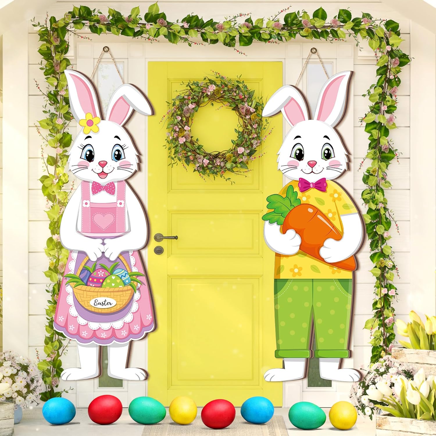 Amazon.com: Shellwei 2 Pcs Easter Rabbit Hanging Sign Easter Wooden ...