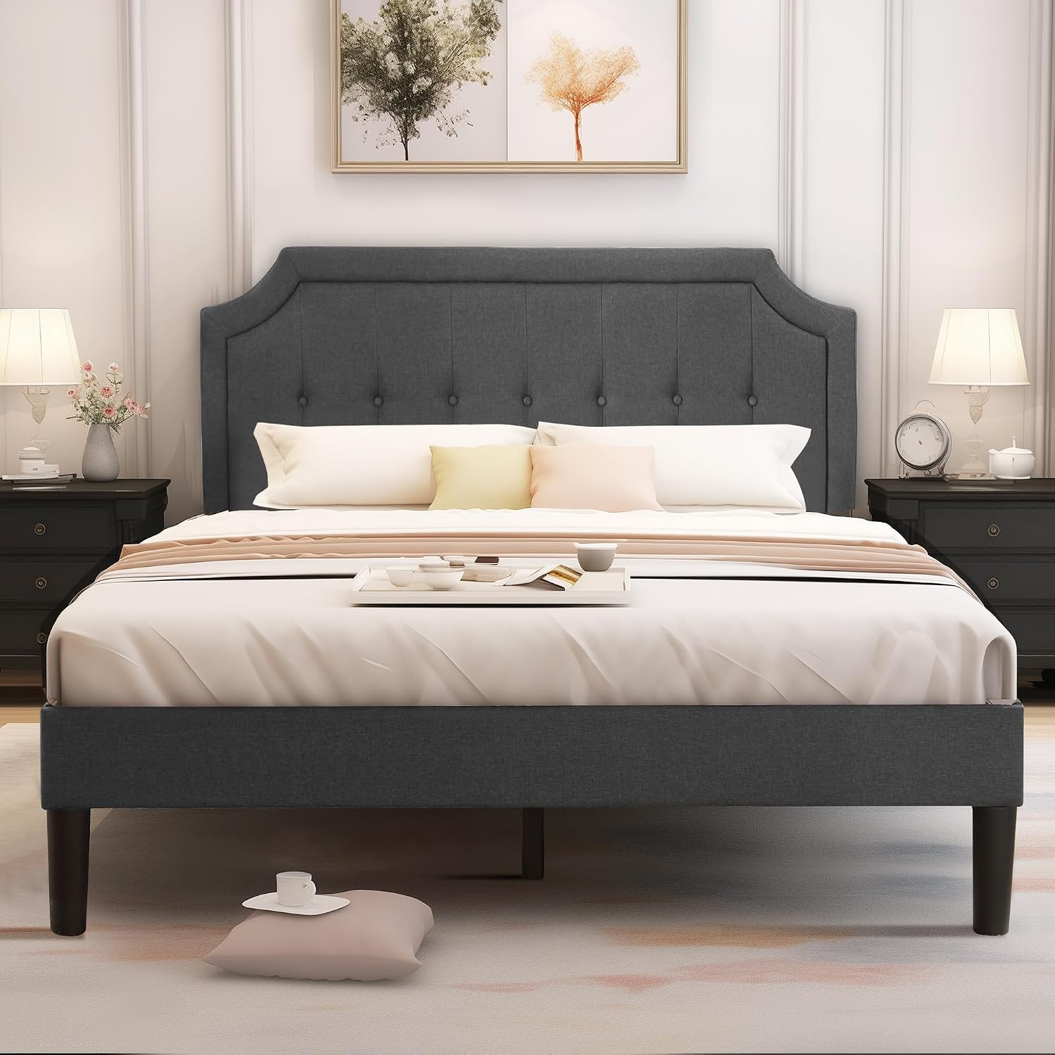 Amazon.com: VECELO Queen Upholstered Platform Bed Frame with Adjustable ...