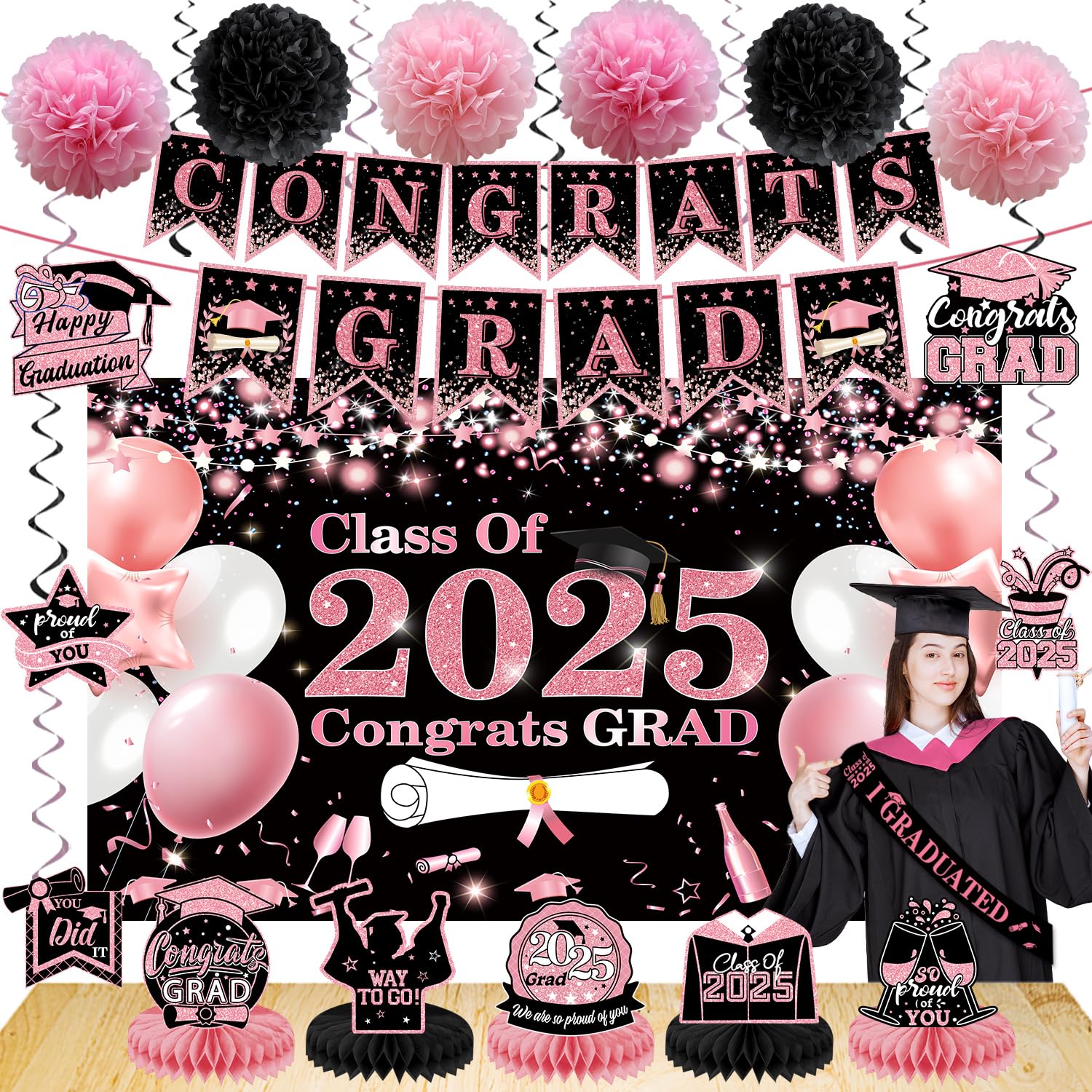 Amazon.com: Graduation Decorations Class of 2025, Black Pink Themed ...
