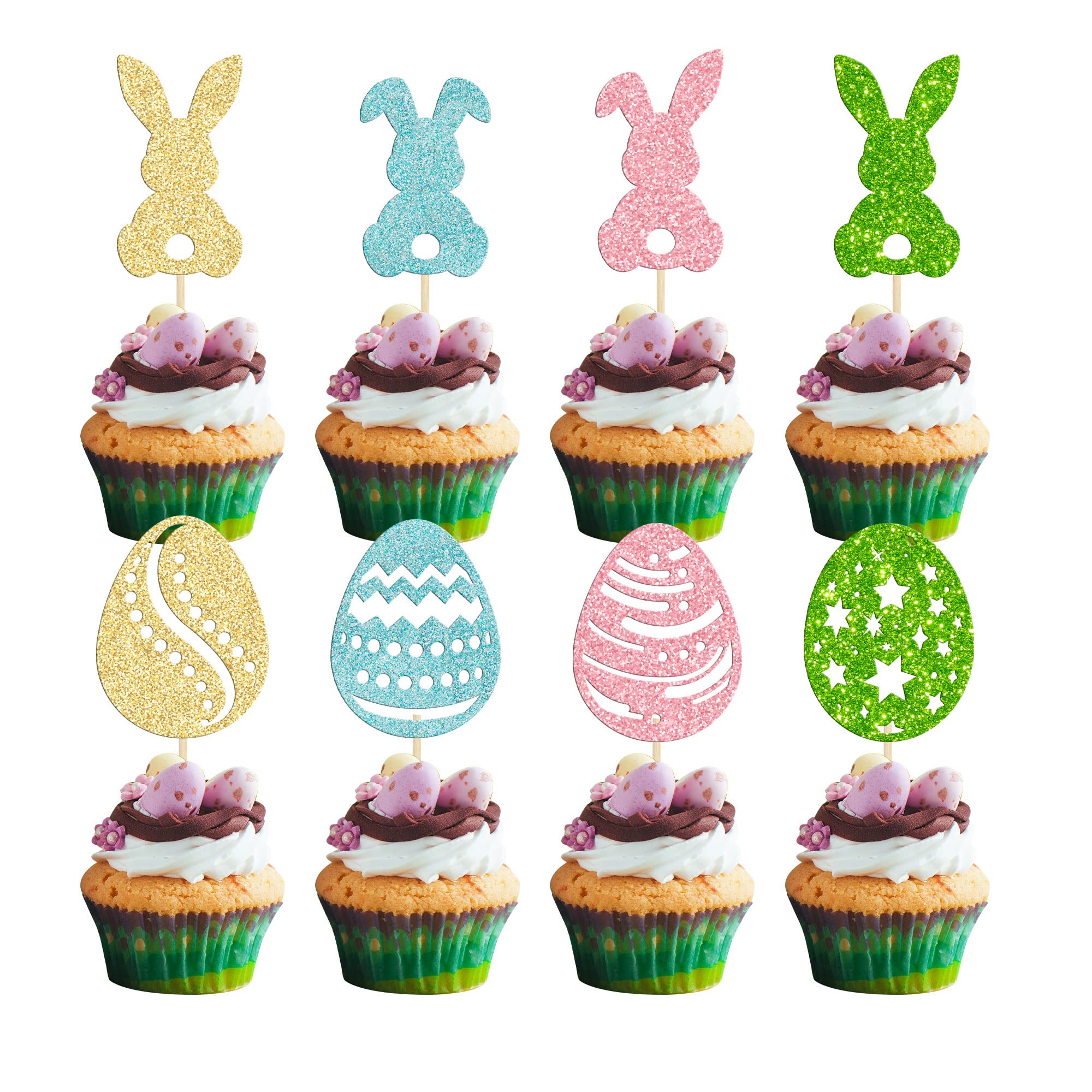 Amazon.com: 24Pcs Happy Easter Cupcake Toppers Glitter Cute Bunny Egg ...