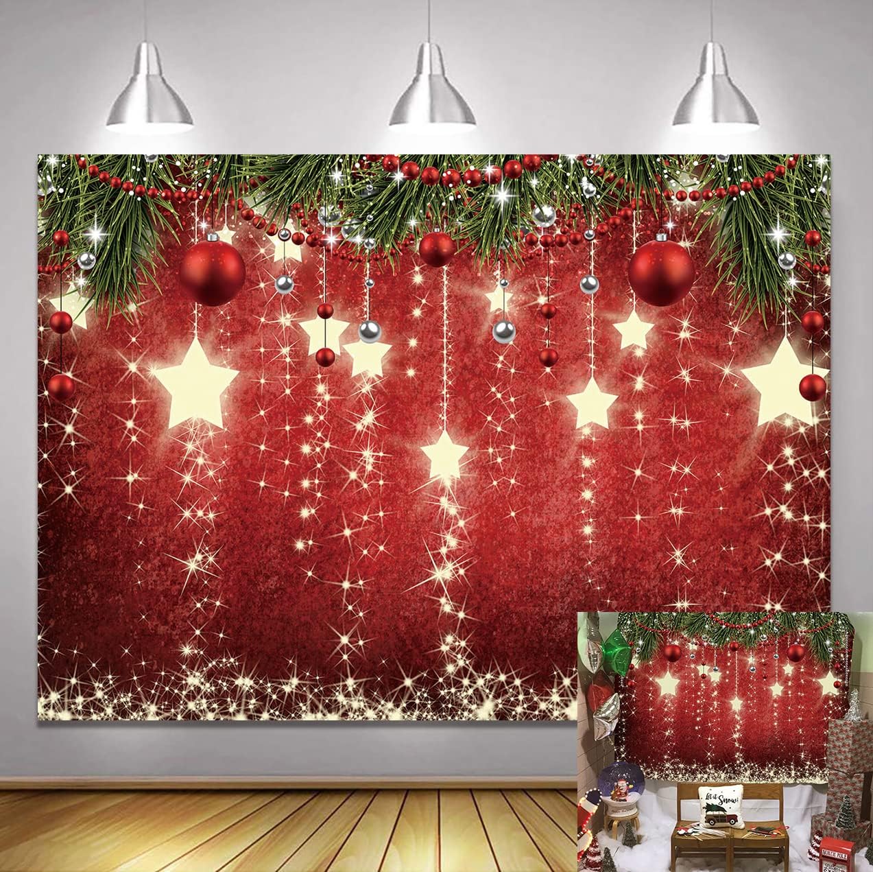 Christmas Sparkling Backdrop Xmas Tree Red Silver Xmas Balls Star ...