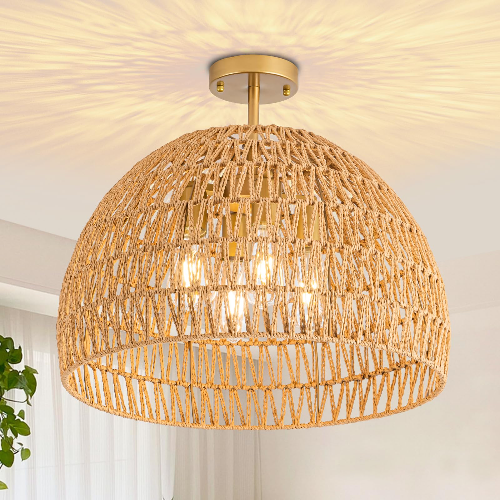 Rattan Ceiling Light Fixture, 4-Light Boho Semi Flush Mount Ceiling ...