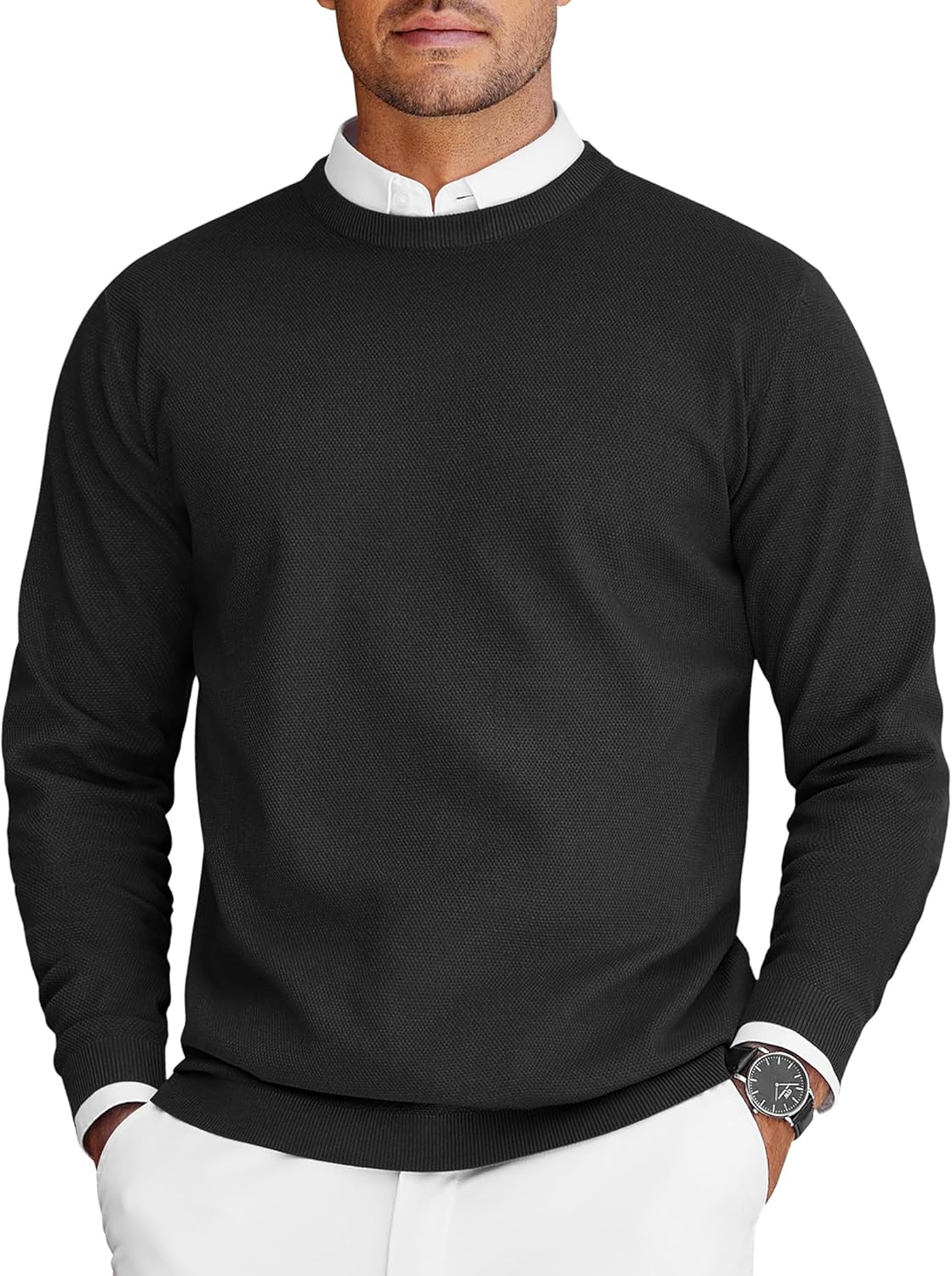 COOFANDY Mens Crew Neck Sweaters Long Sleeve Lightweight Knit Dress ...