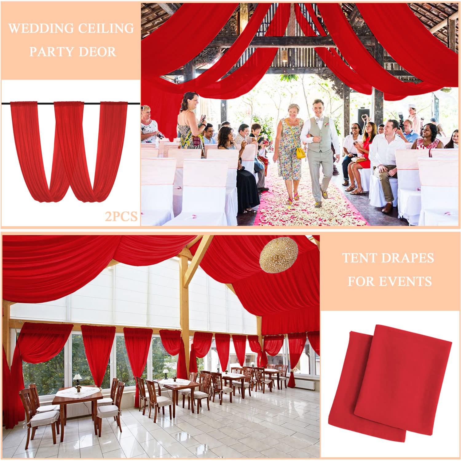 Snapklik.com : Red Ceiling Drapes For Party 2 Panels 5x20FT Sheer ...